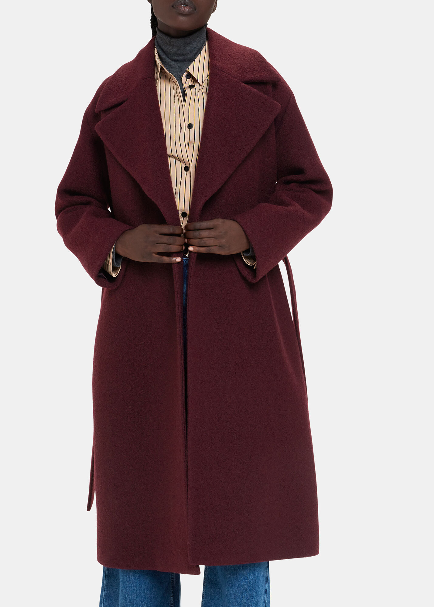 Burgundy Wool Wrap Coat | Relaxed Fit | Tie Waist | Whistles | Whistles UK