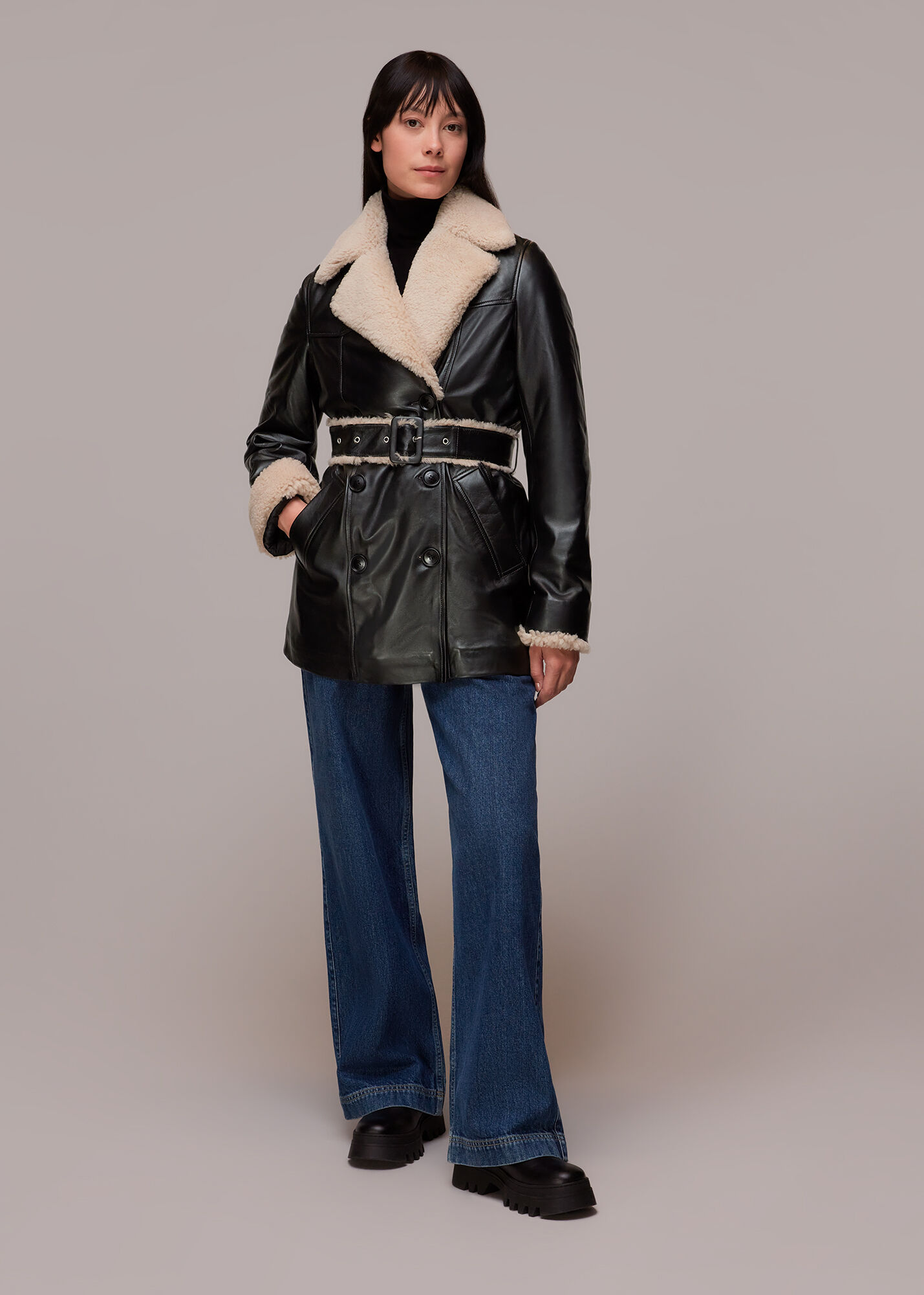 Black/Multi Maya Leather Belted Coat | WHISTLES