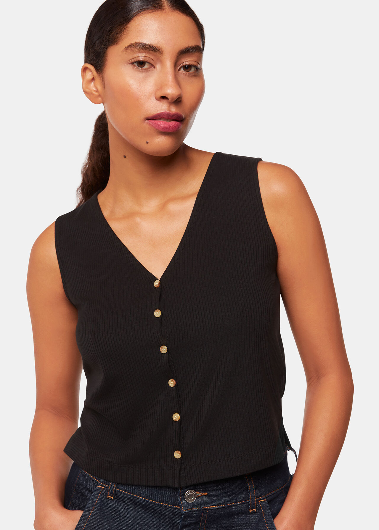 Black Button Front Rib Tank | WHISTLES | Whistles UK