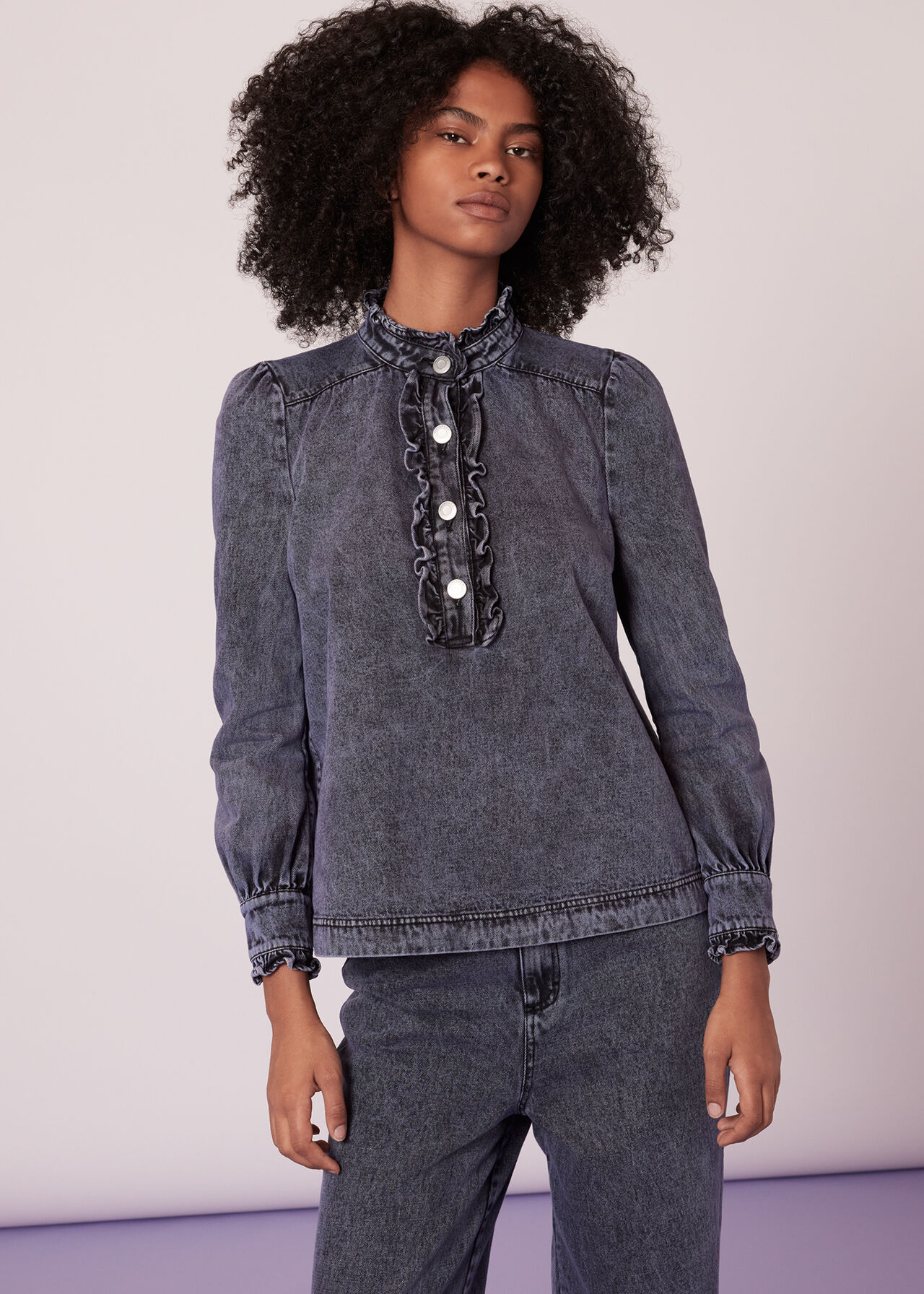 Acid Wash Ruffle Acid Wash Denim Blouse | WHISTLES