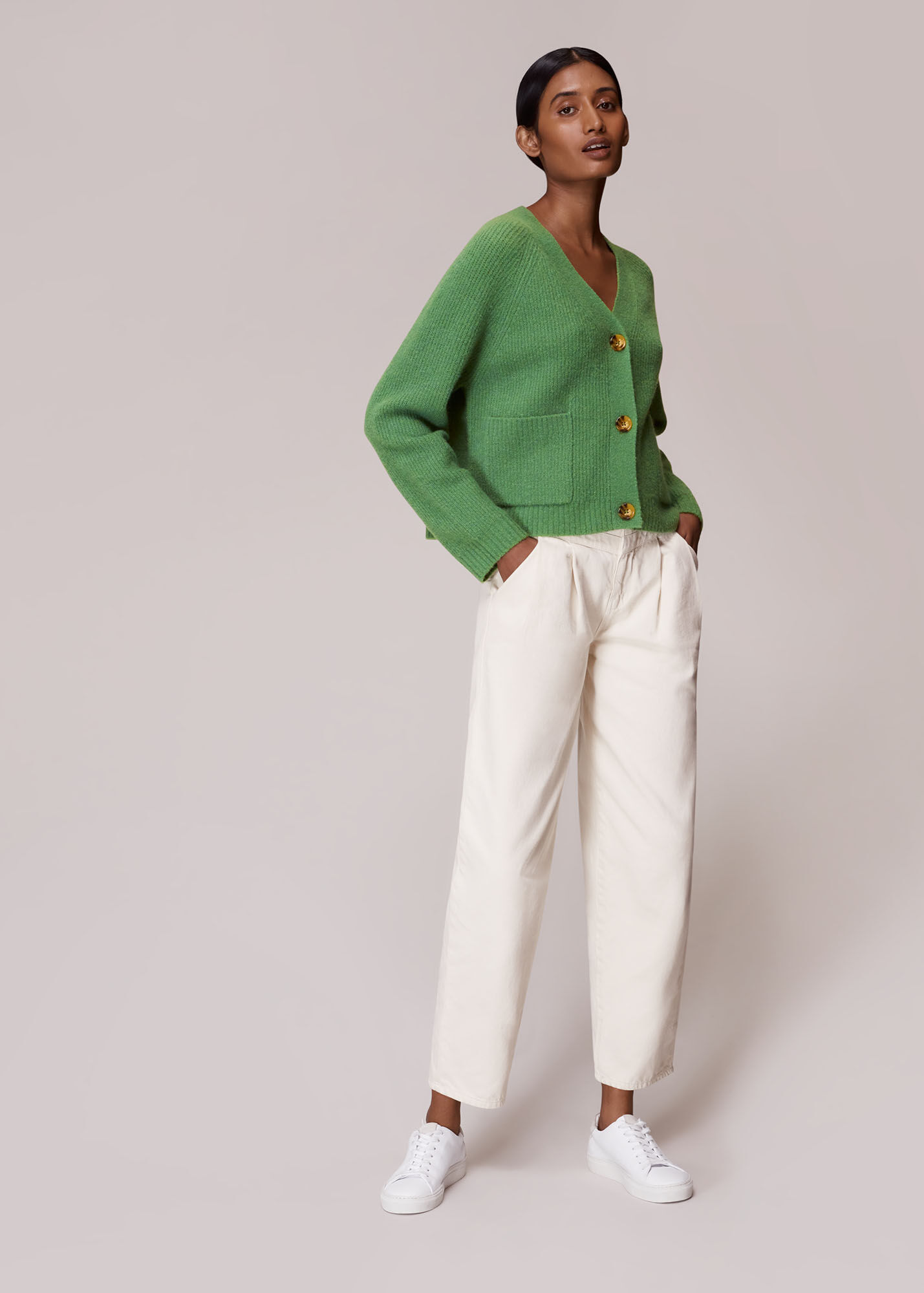 Green Ribbed Pocket Cardigan | WHISTLES | Whistles UK