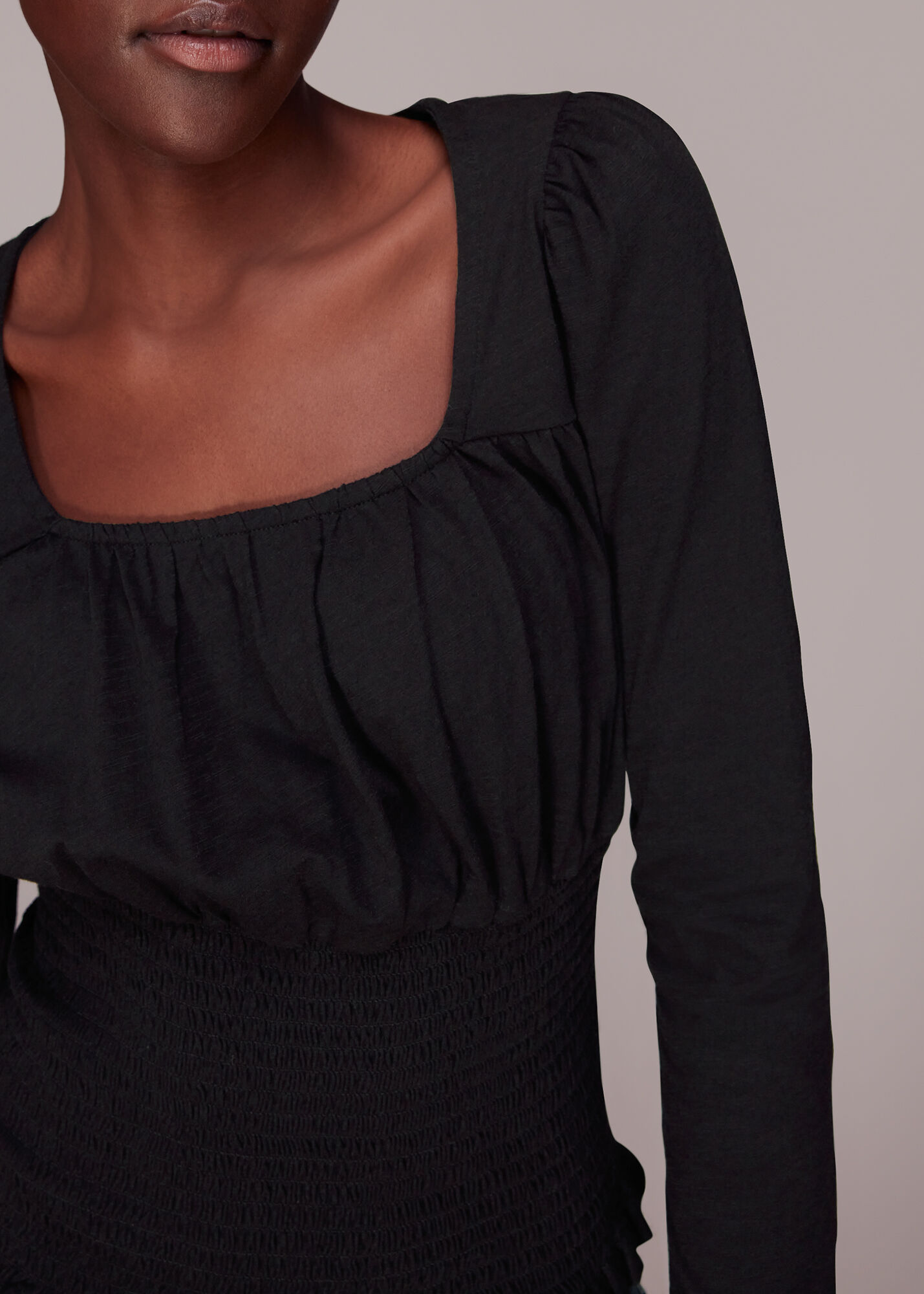 Black Square Neck Shirred Top | WHISTLES | Whistles UK