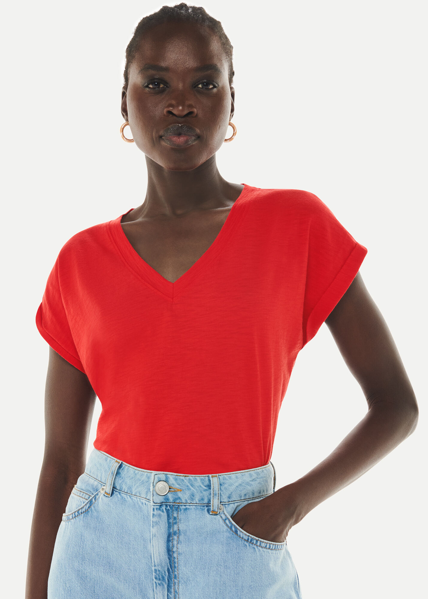 Red Willa V Neck Cap Sleeve Tee | WHISTLES | Whistles UK