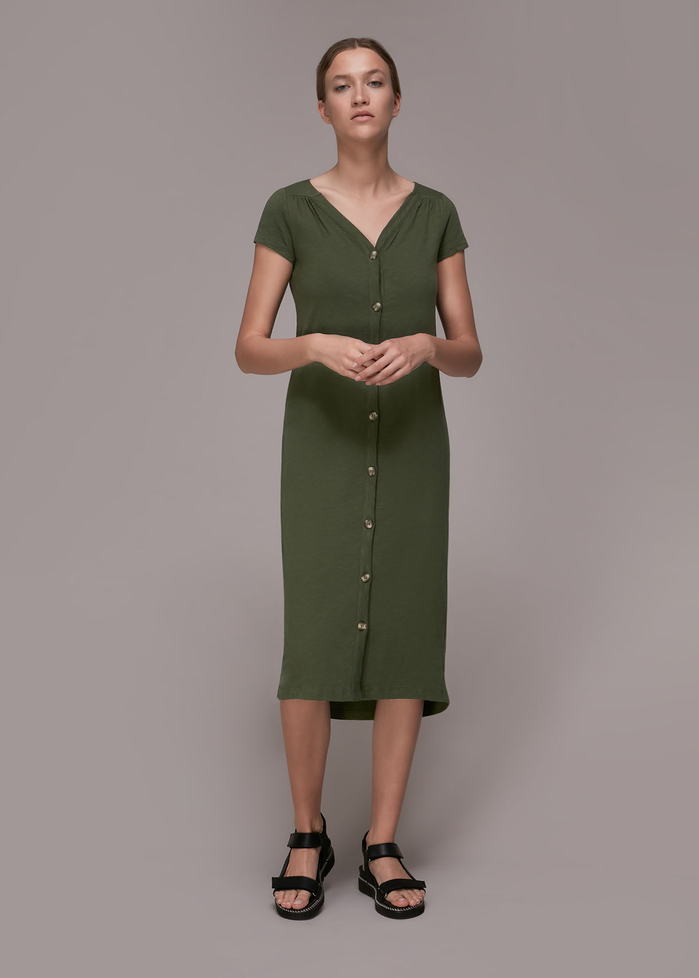 Khaki Leonie Button Through Dress | WHISTLES | Whistles UK