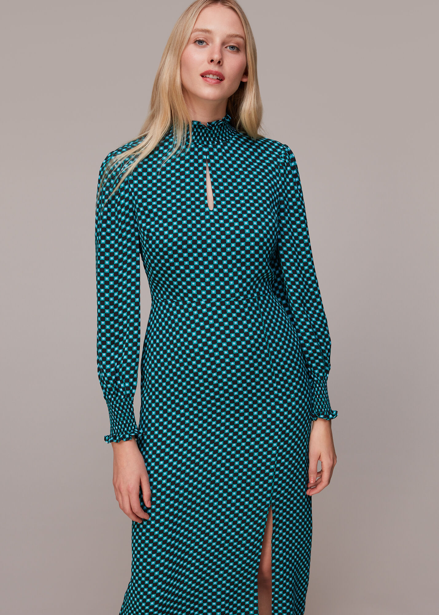 Green/Multi Star Check Print Midi Dress | WHISTLES | Whistles UK