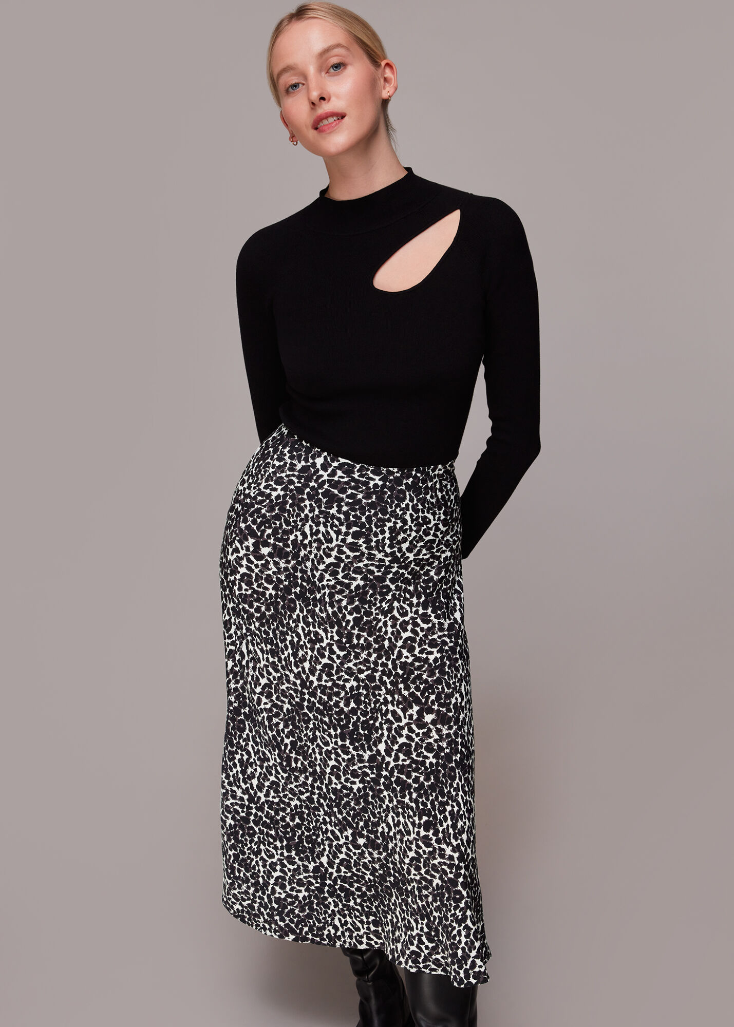 Black/Multi Shadow Leopard Bias Cut Skirt | WHISTLES | Whistles UK