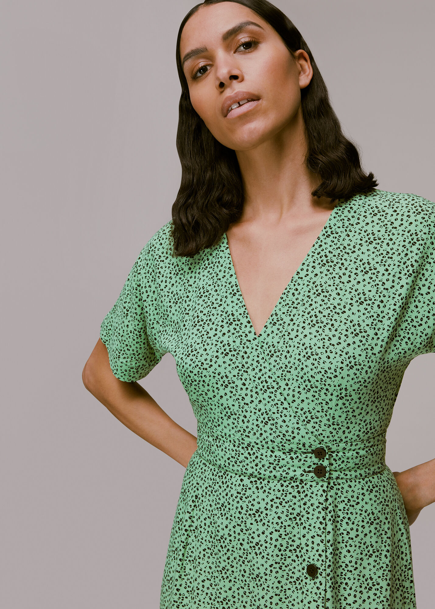 Green/Multi Ink Leopard Print Midi Dress | WHISTLES | Whistles UK