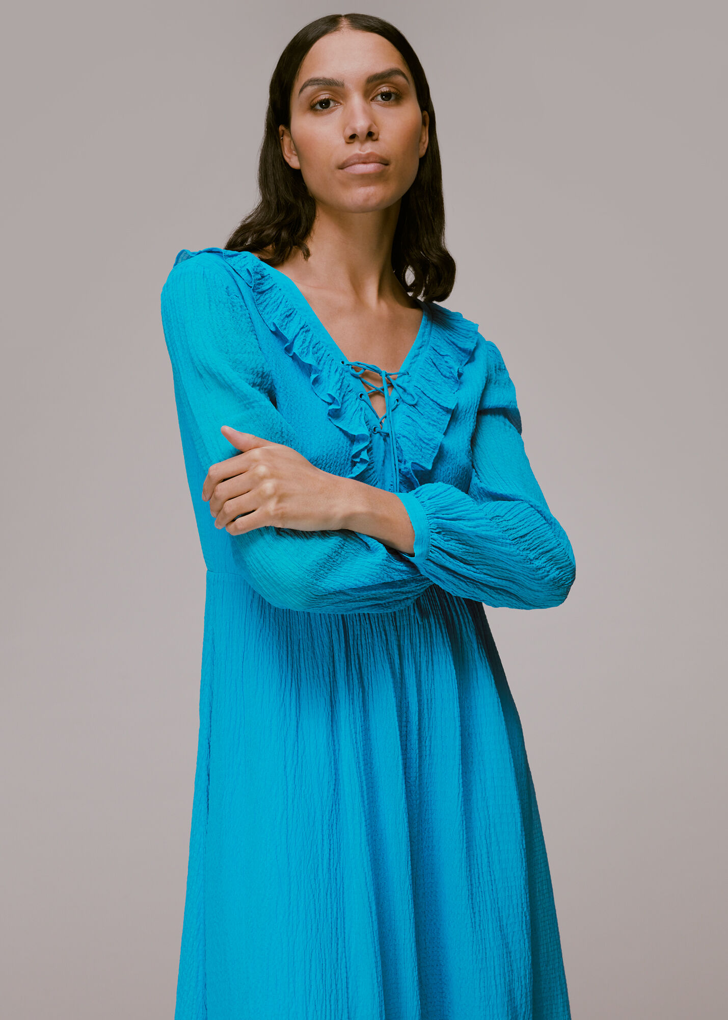 Blue Ruffle Detail Midi Dress | WHISTLES | Whistles UK