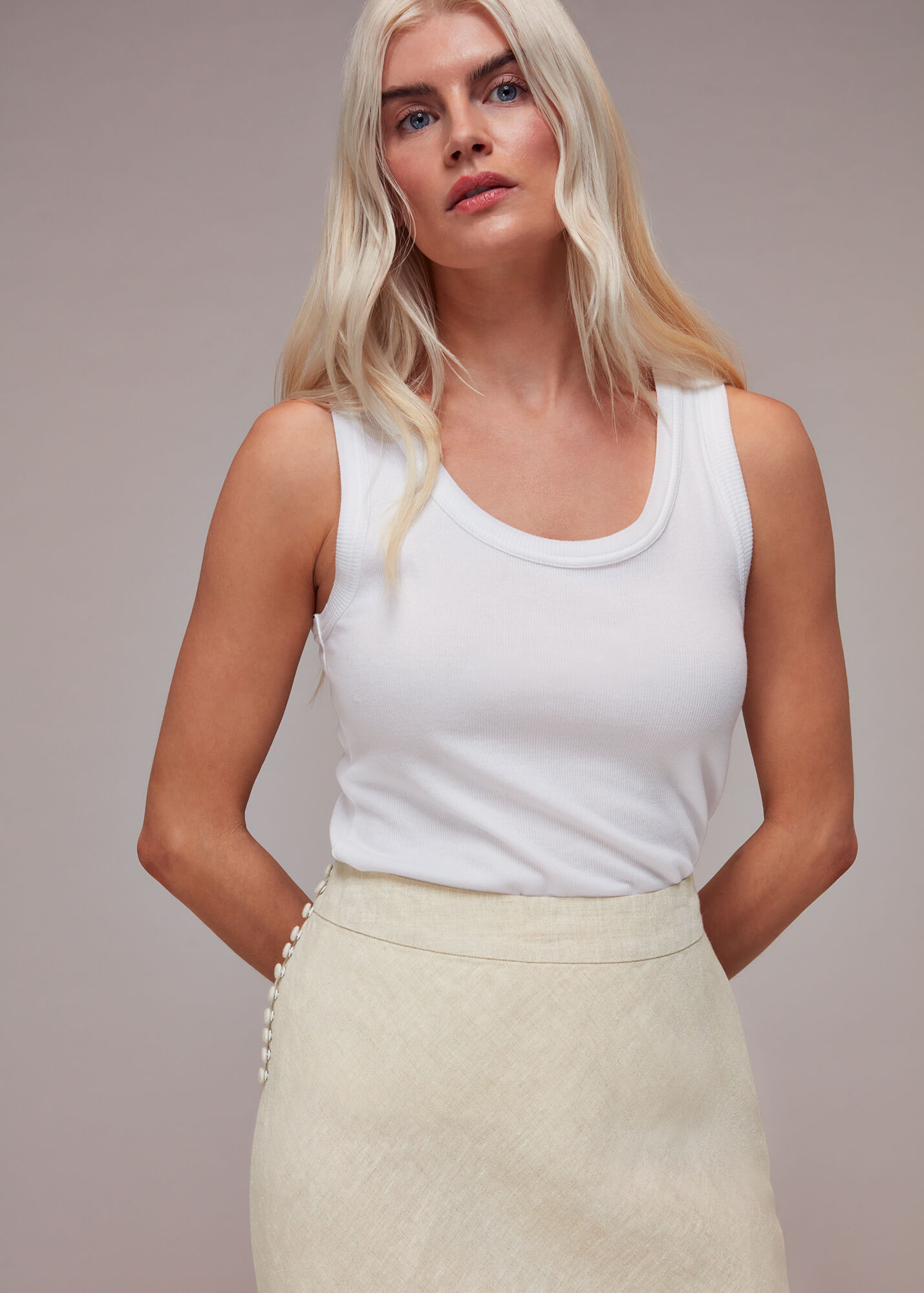 Oatmeal Linen Side Button Skirt | WHISTLES | Whistles UK