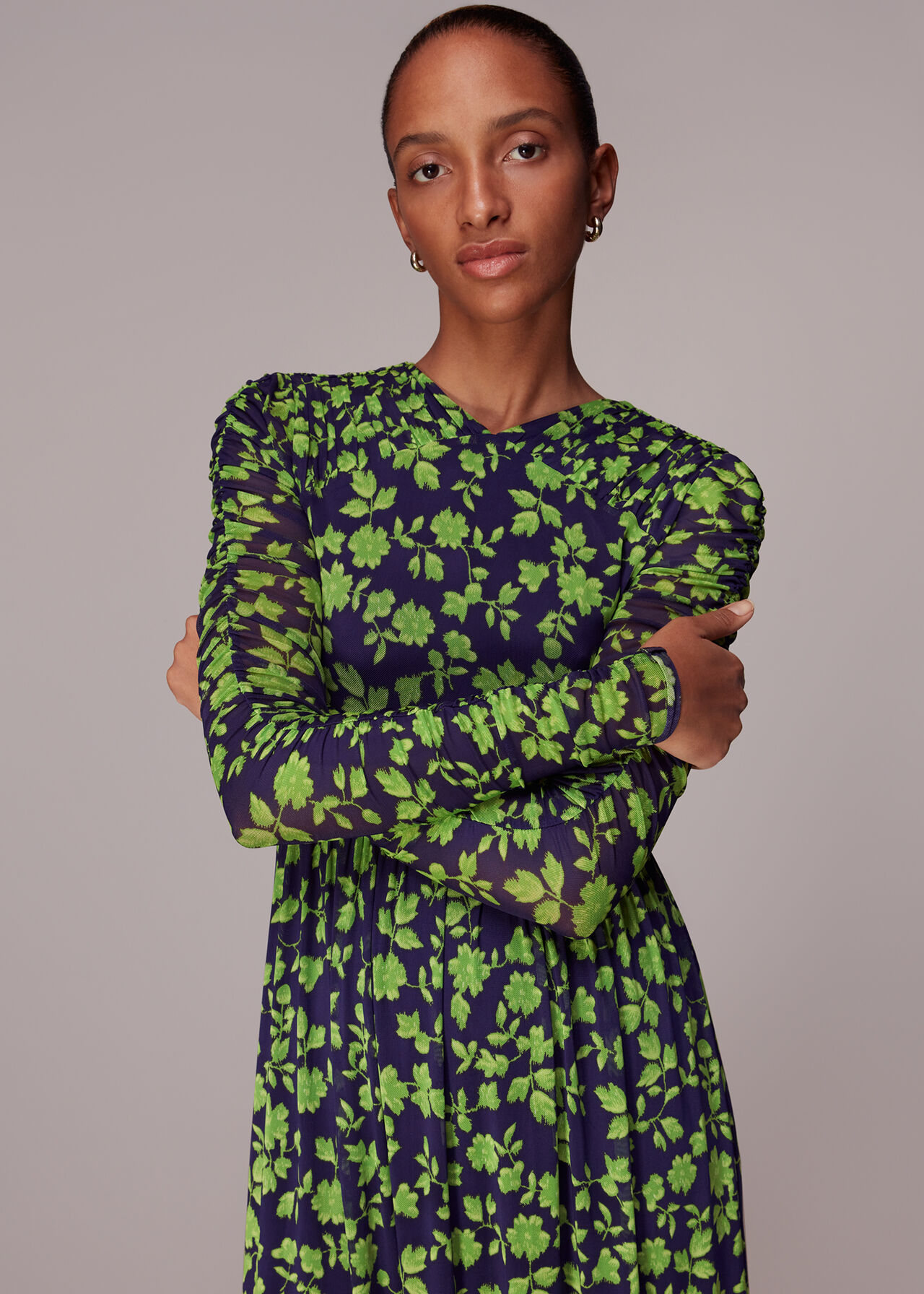Green/Multi Linear Floral Mesh Dress | WHISTLES | Whistles UK