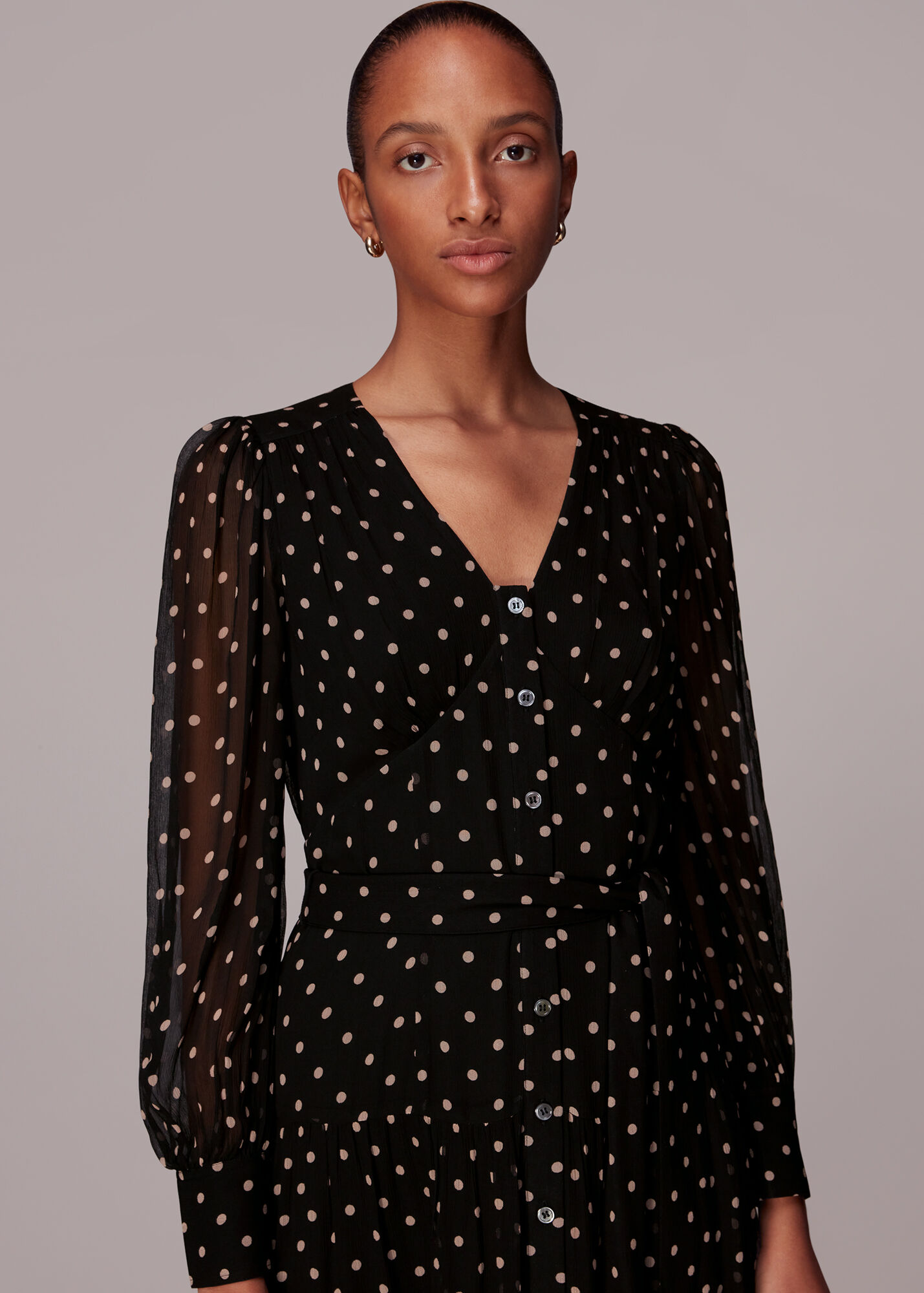 Black/Multi Spot Textured Midi Dress | WHISTLES | Whistles UK
