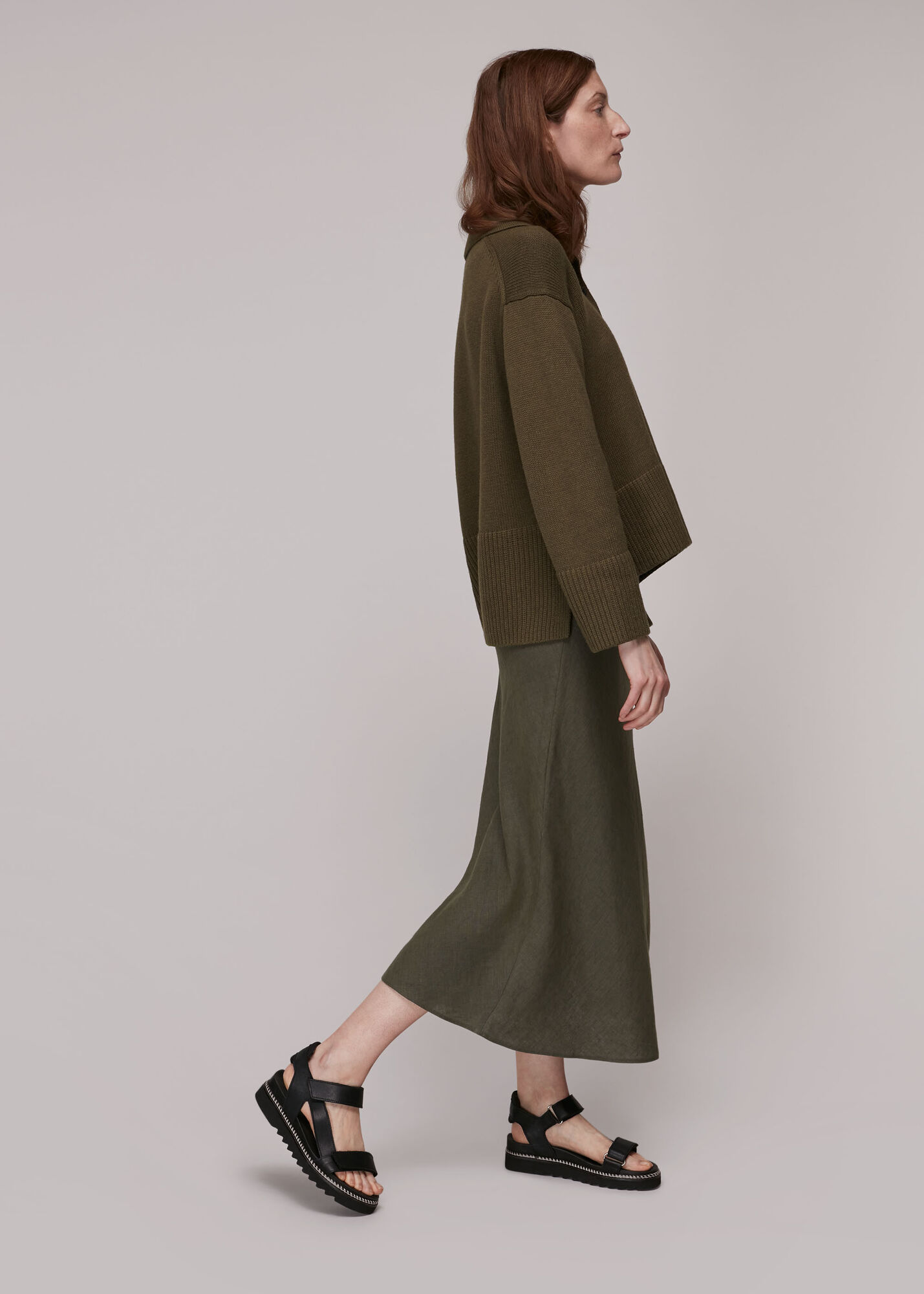 Khaki Button Front Polo Knit | WHISTLES | Whistles UK