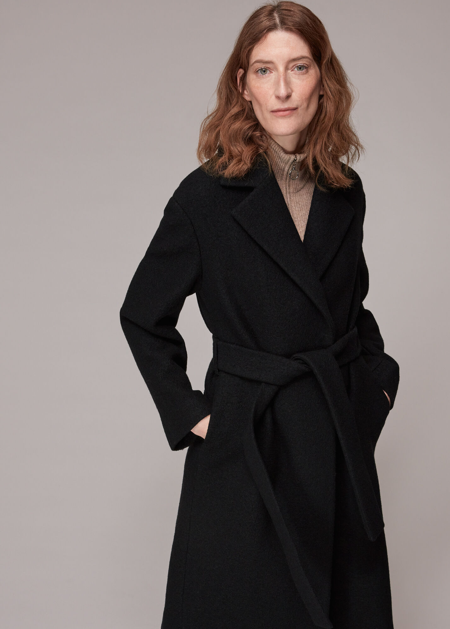 Black Tie Waist Wool Coat | WHISTLES | Whistles UK