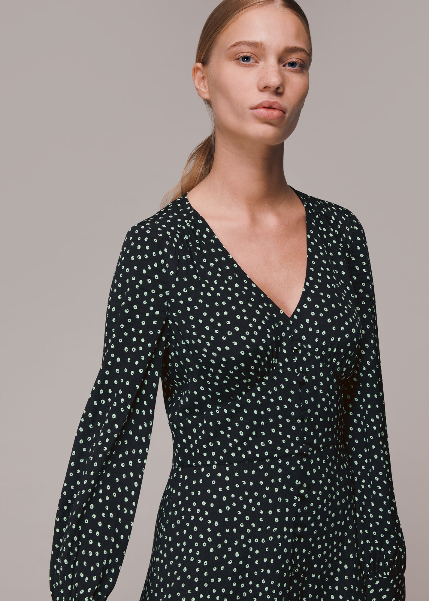 Black/Multi Stamp Spot Print Midi Dress | WHISTLES | Whistles UK