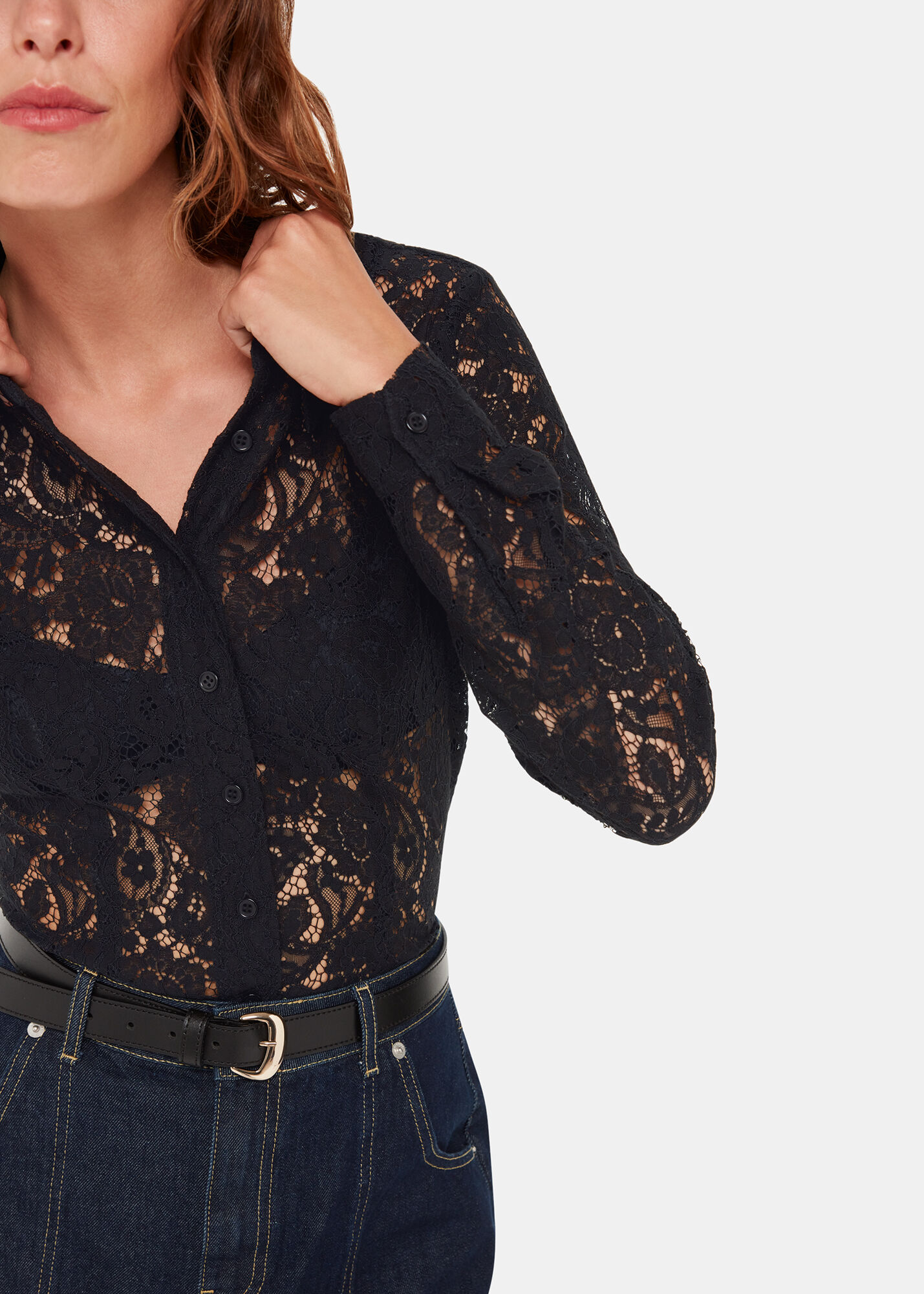 Black Lucy Seam Detail Lace Shirt | WHISTLES | Whistles UK