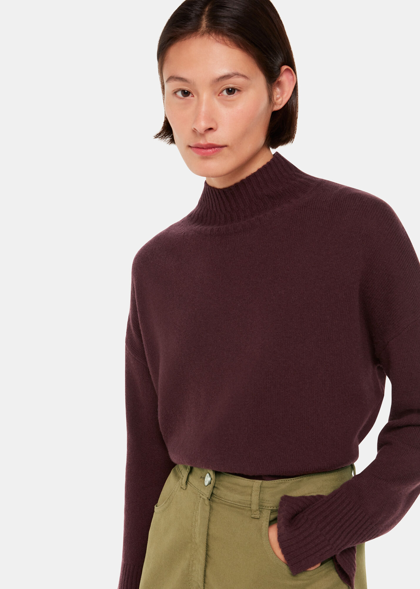 Burgundy Wool Double Trim Funnel Neck | WHISTLES | Whistles UK