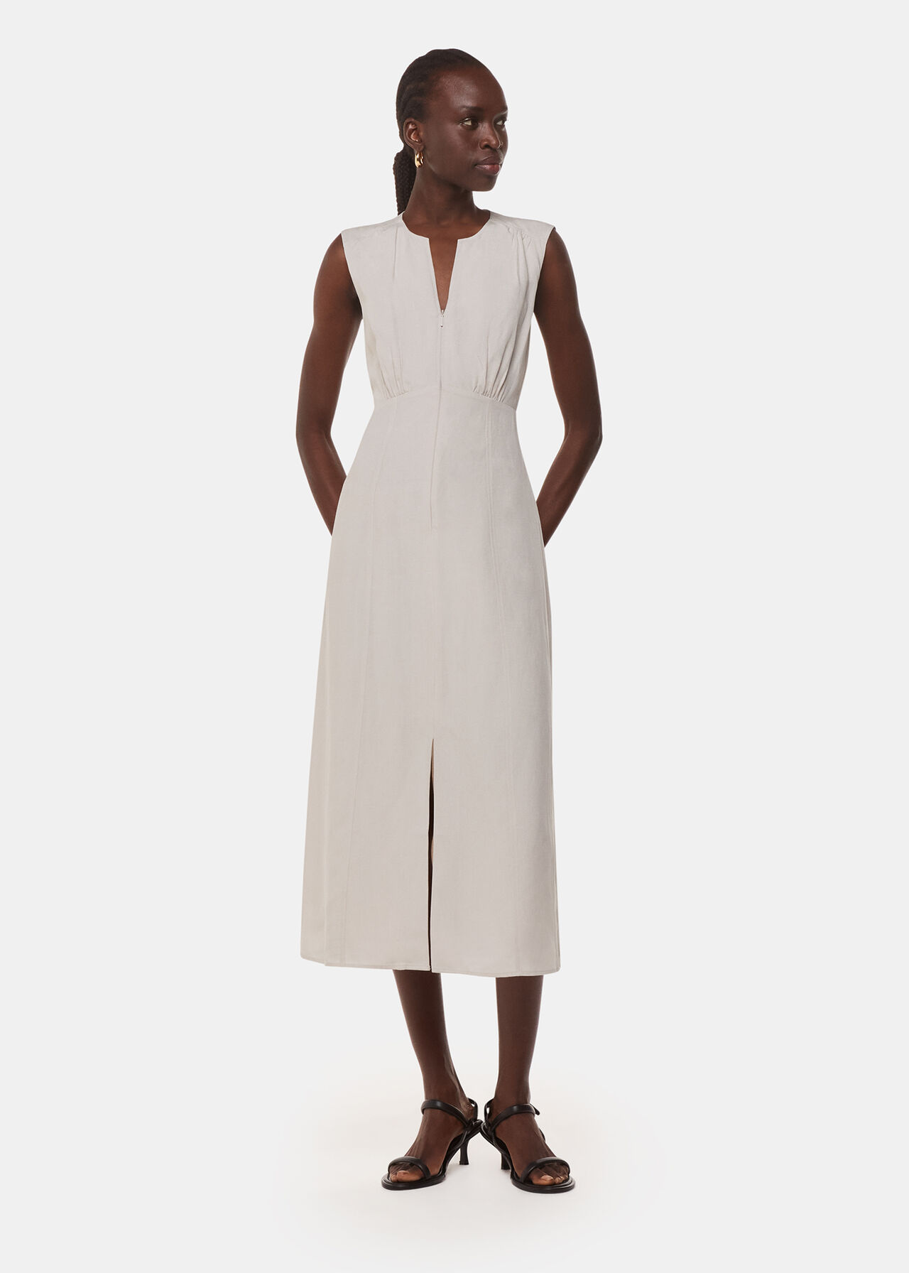 Neutral Abbie Linen Blend Midi Dress | WHISTLES | Whistles US
