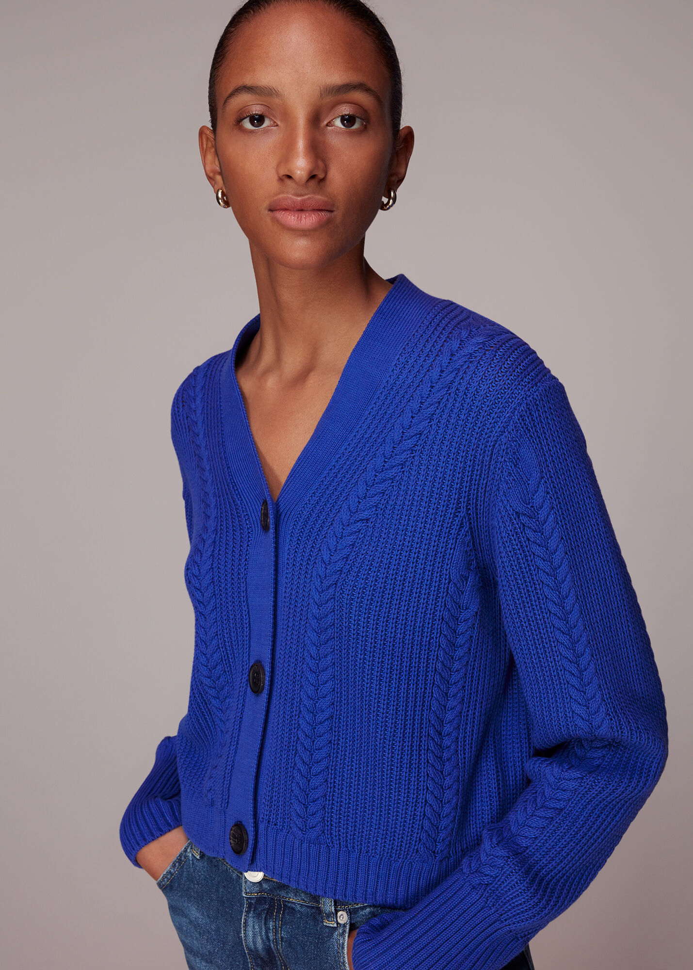 Blue Cropped Cable Cardigan | WHISTLES