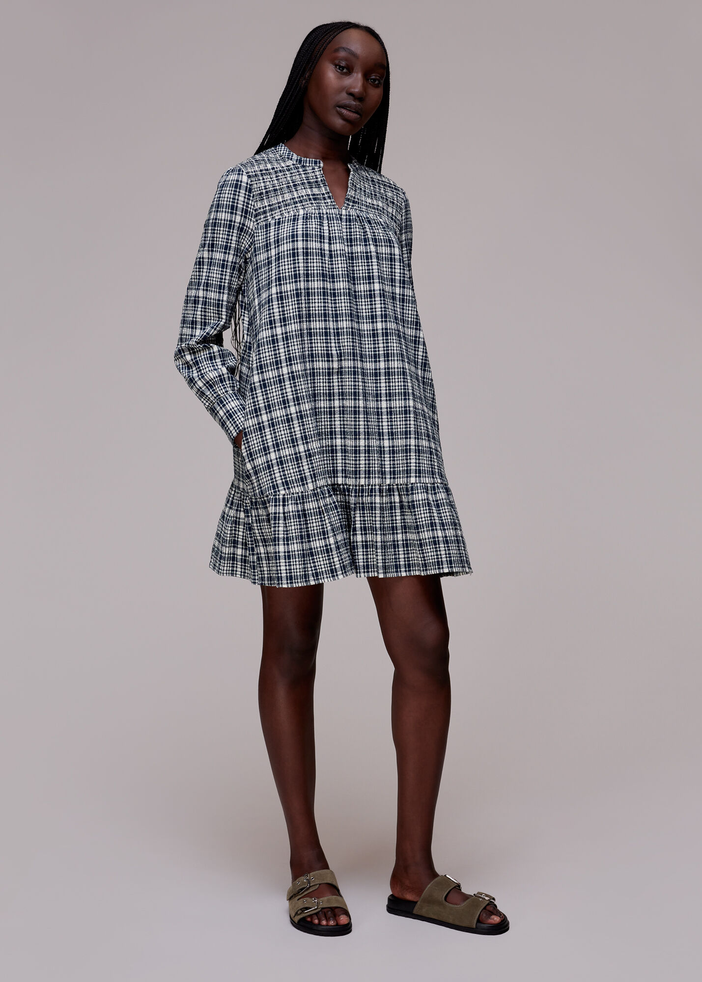 Navy/Multi Seersucker Check Flippy Dress | WHISTLES | Whistles UK