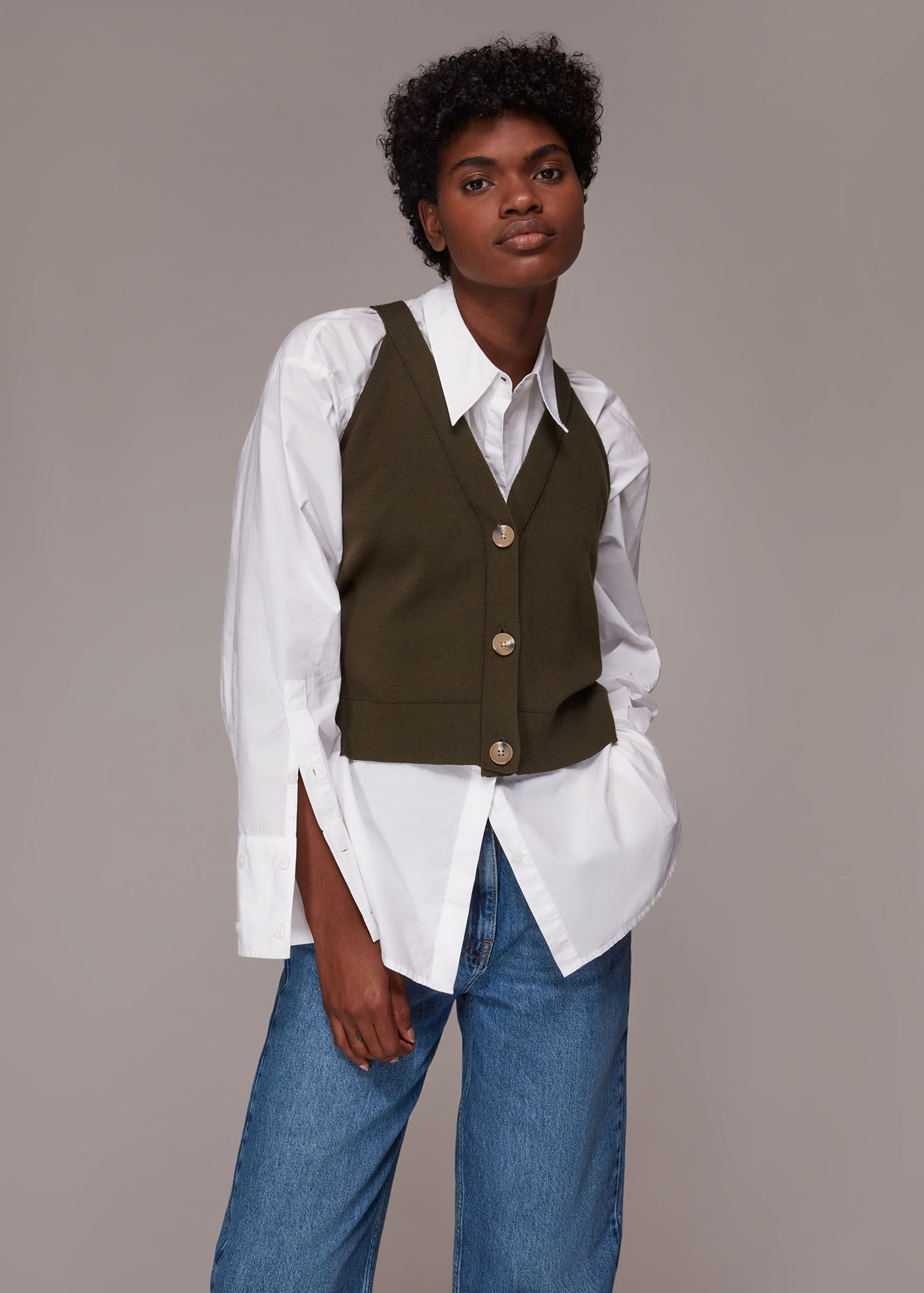 Khaki Knitted Button Through Vest | WHISTLES | Whistles UK
