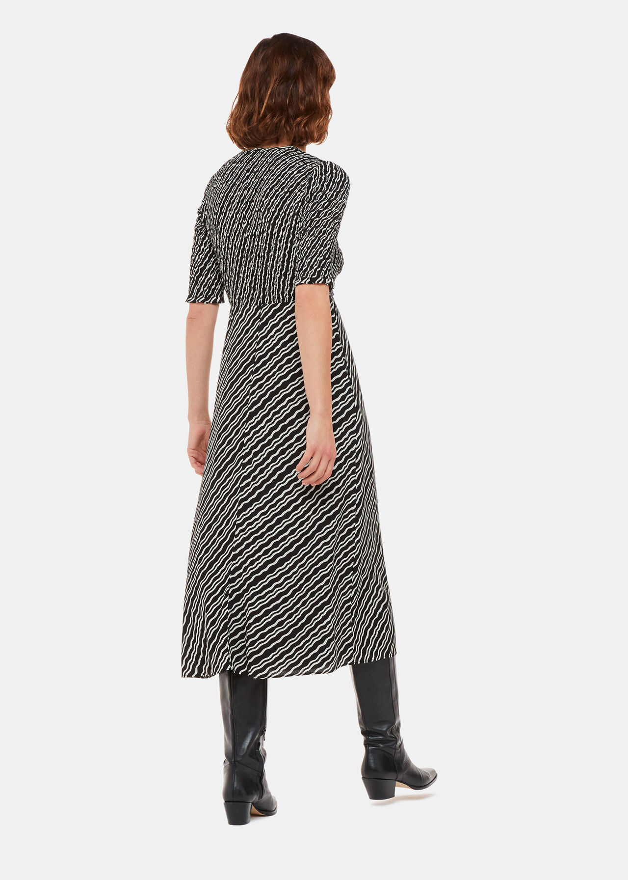 Black/Multi Diagonal Ripple Shirred Dress | WHISTLES | Whistles UK