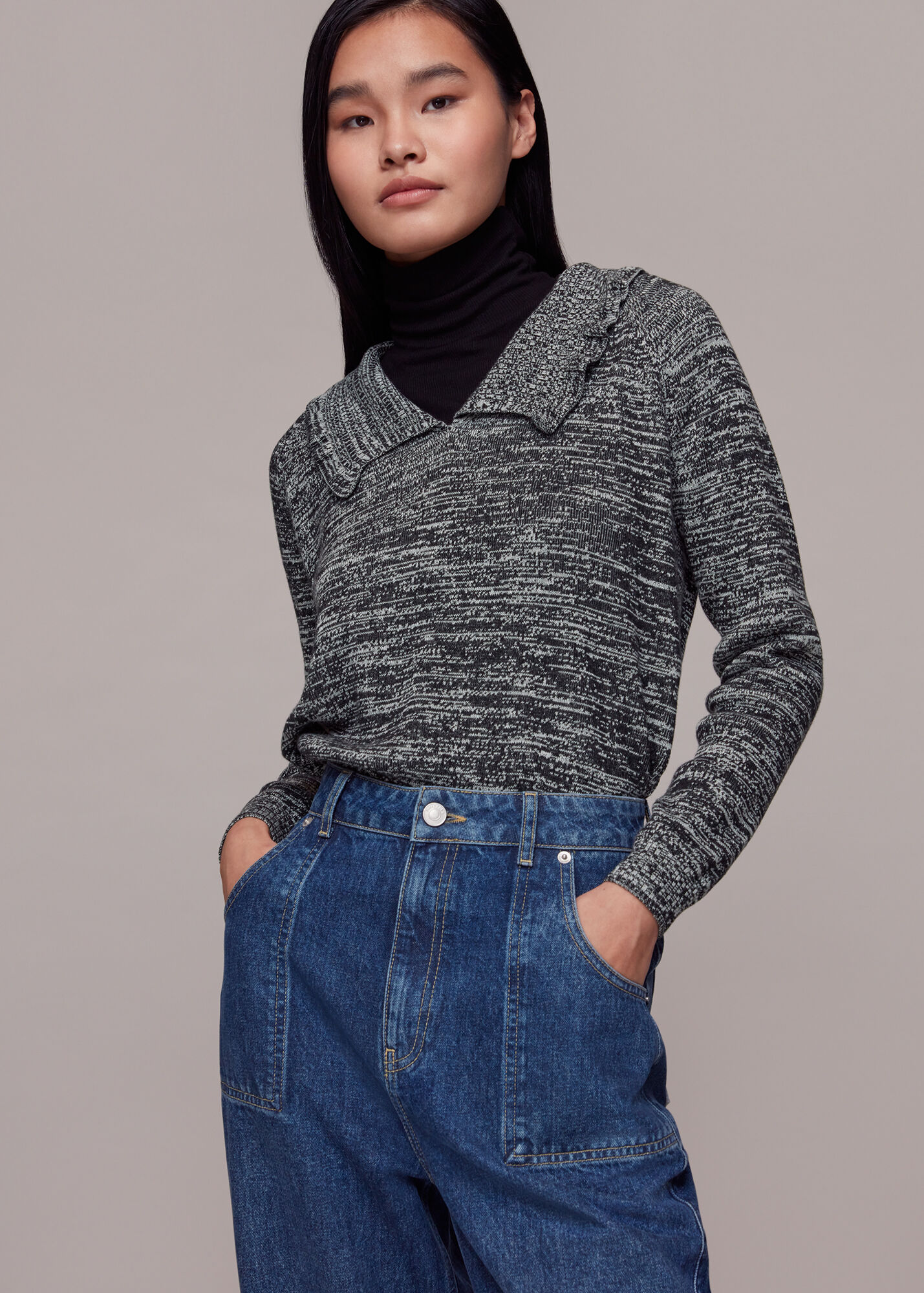 Black/Multi Frill Collar Sweater | WHISTLES | Whistles UK