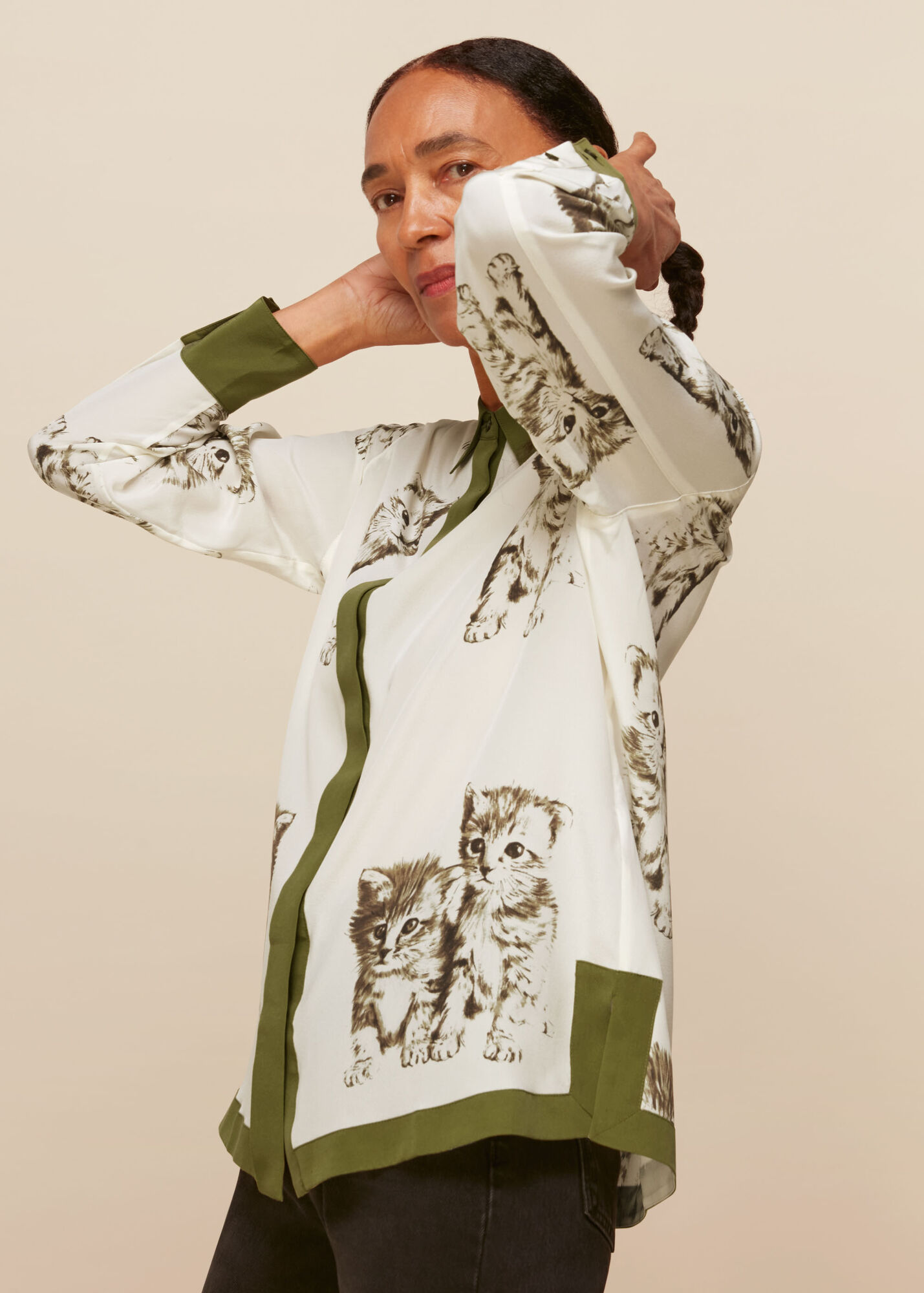 Multicolour Cat Print Silk Blouse | WHISTLES