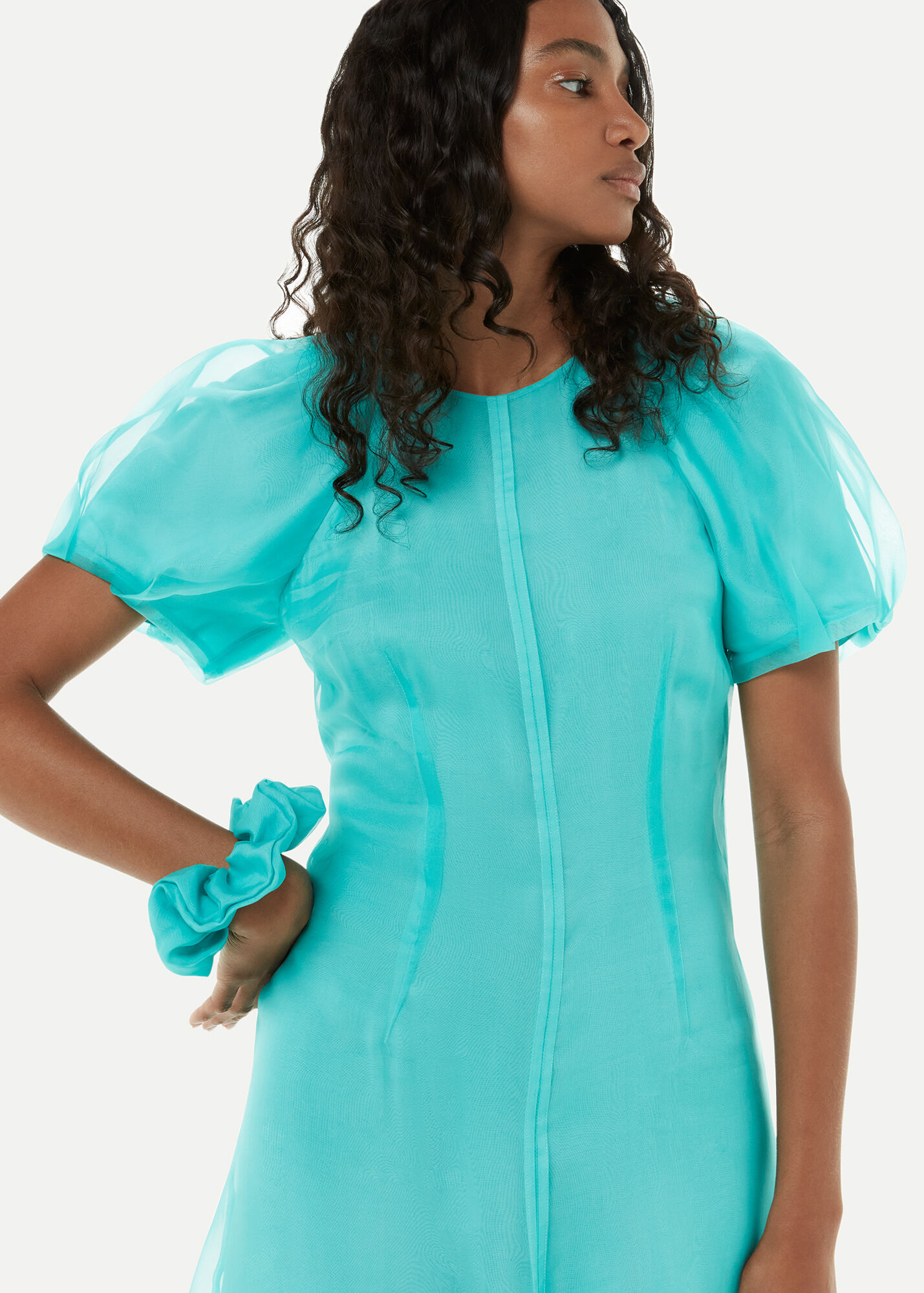 Turquoise Organza Silk Puff Sleeve Dress | WHISTLES | Whistles UK