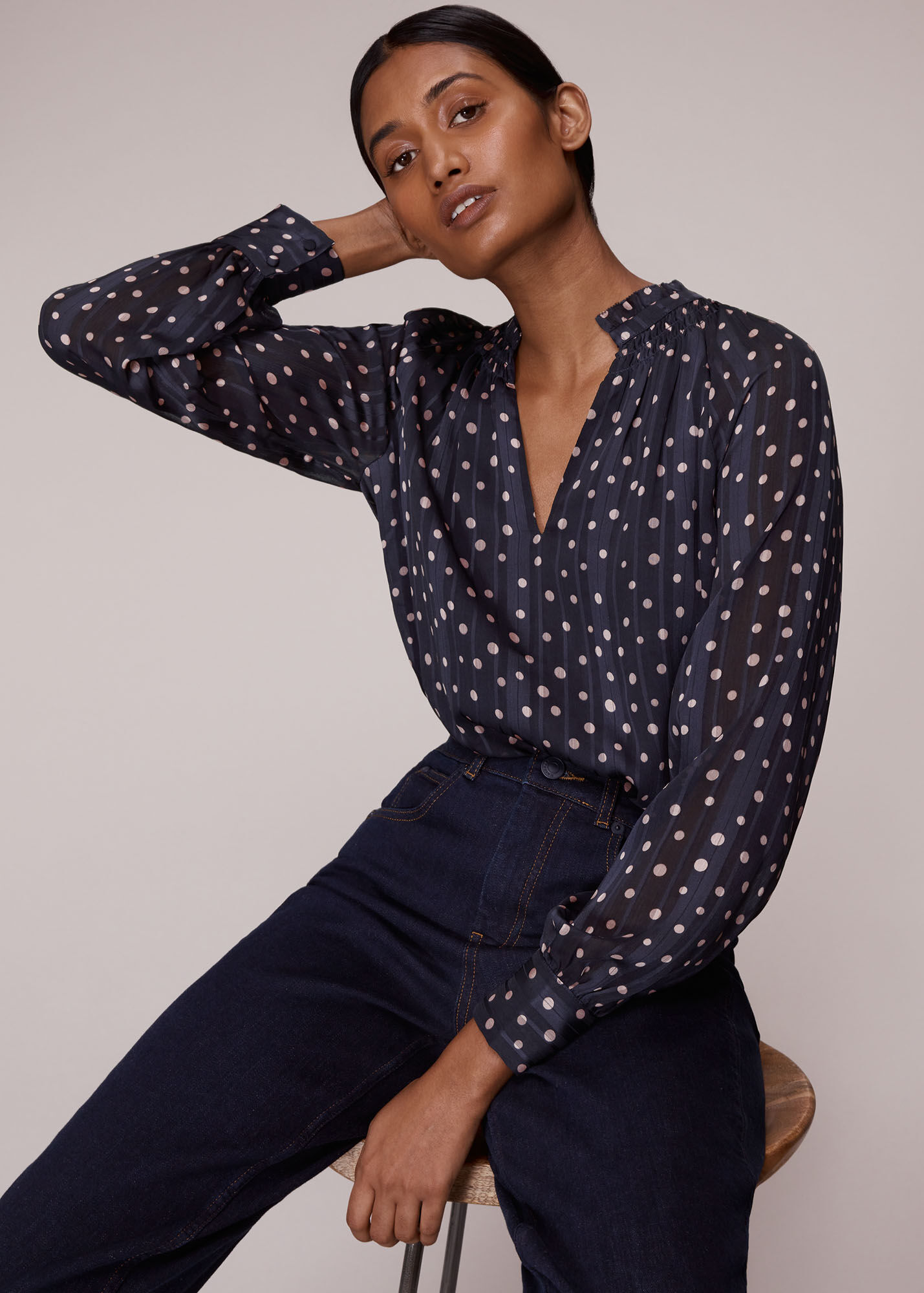 Blue/Multi Satin Stripe Spot Blouse | WHISTLES
