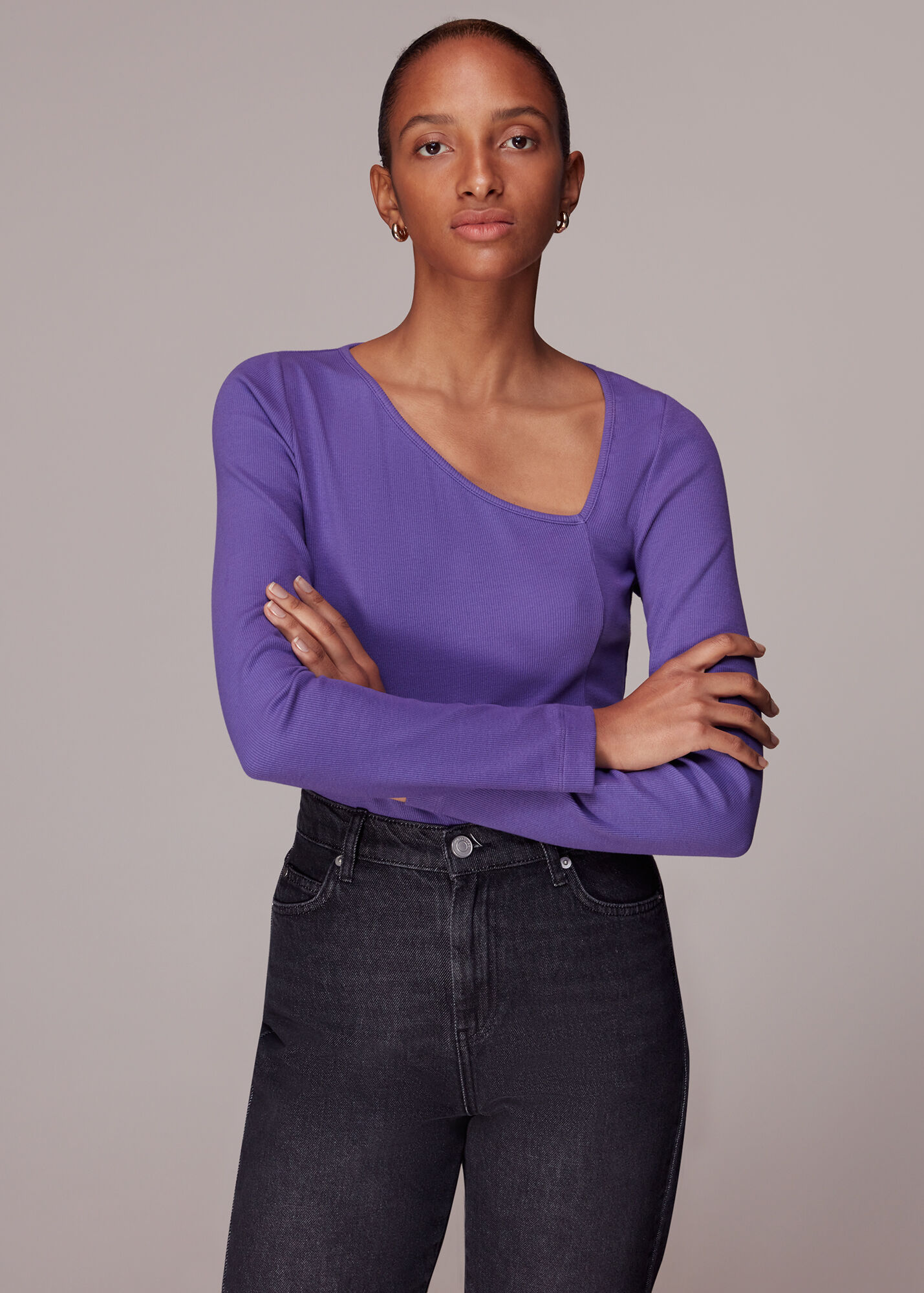 Purple Ribbed Asymmetric V-Neck Top | WHISTLES | Whistles UK