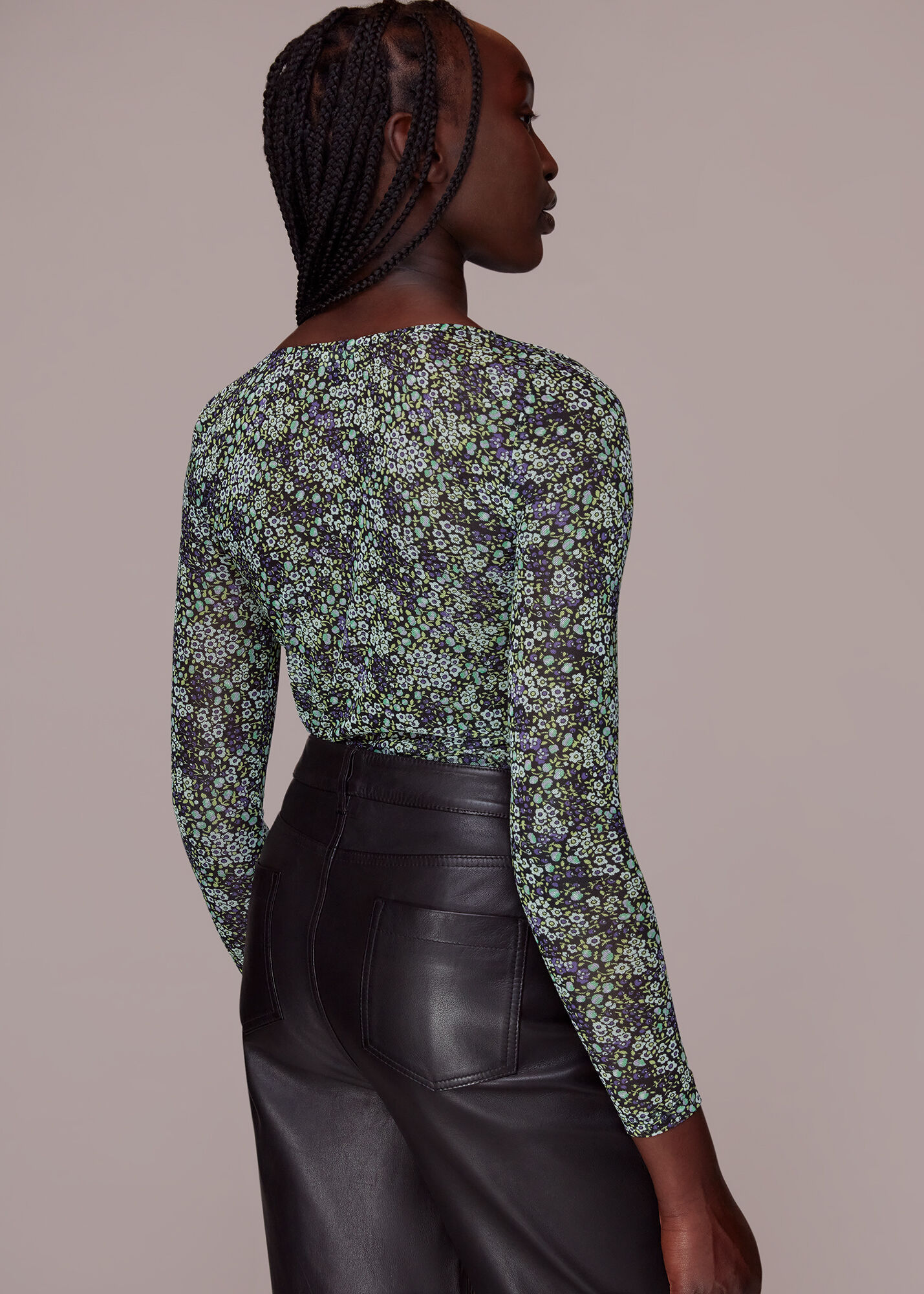 Green/Multi Mesh Square Neck Gathered Top | WHISTLES | Whistles UK