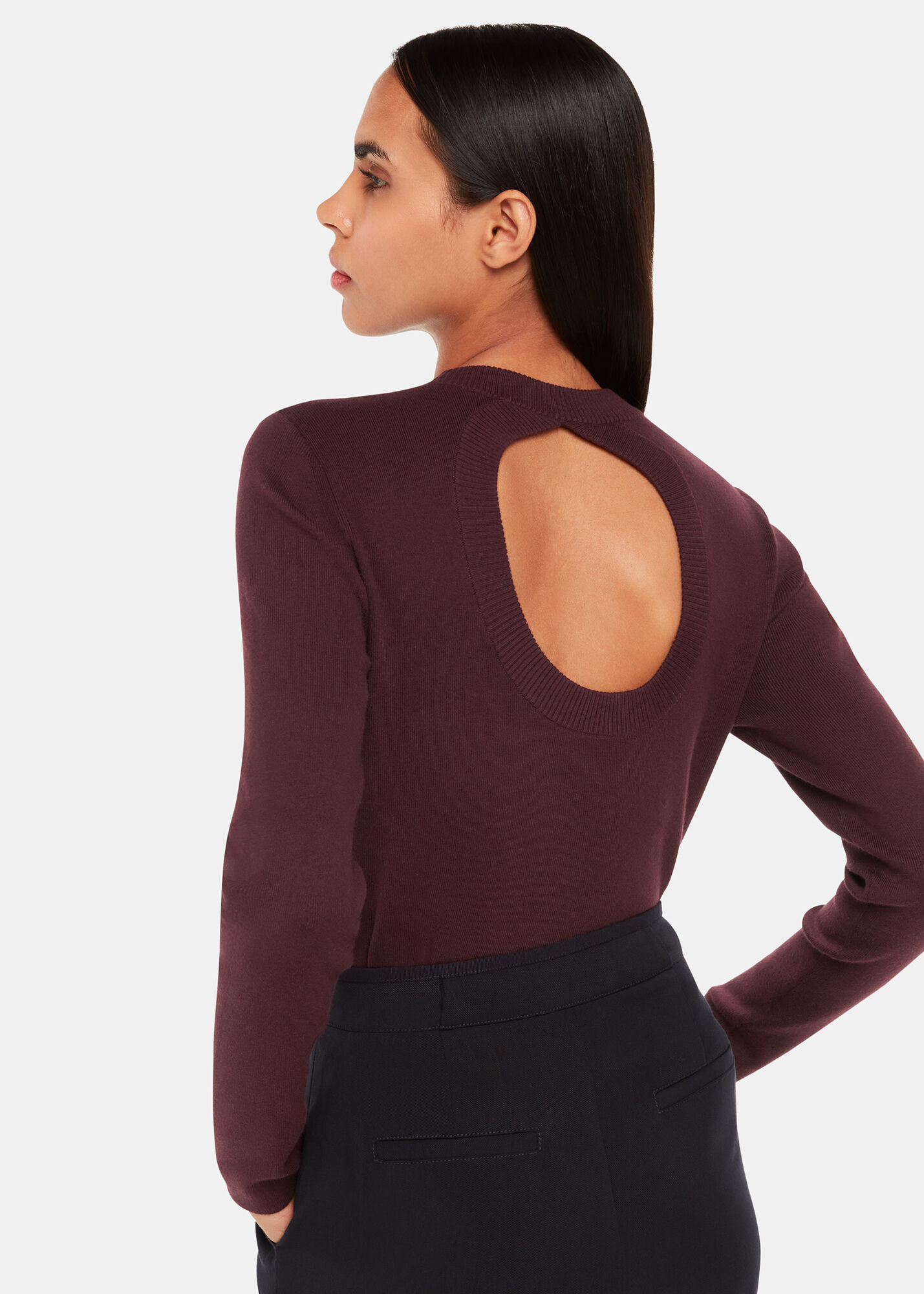 Burgundy Keyhole Back Crew Neck Knit | WHISTLES | Whistles UK