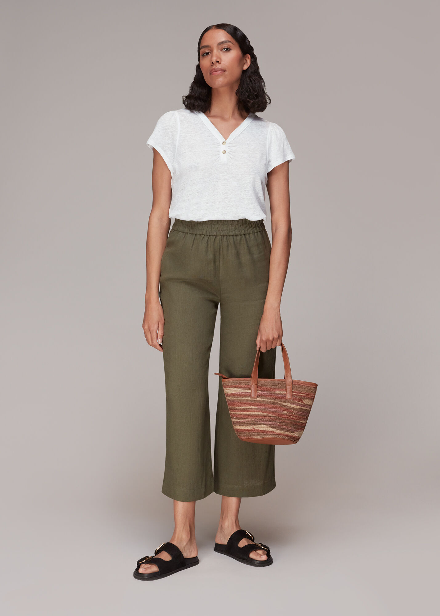 White Cada Button Linen Mix Tee | WHISTLES | Whistles UK