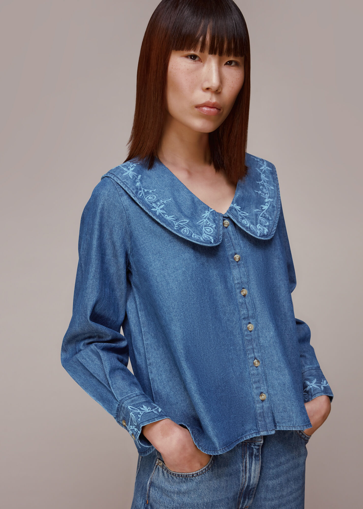 Denim Embroidered Collar Denim Top | WHISTLES | Whistles UK