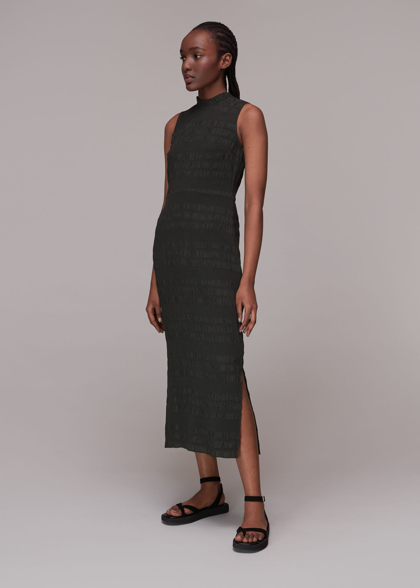 Black Maya Plisse Midi Dress | WHISTLES | Whistles UK