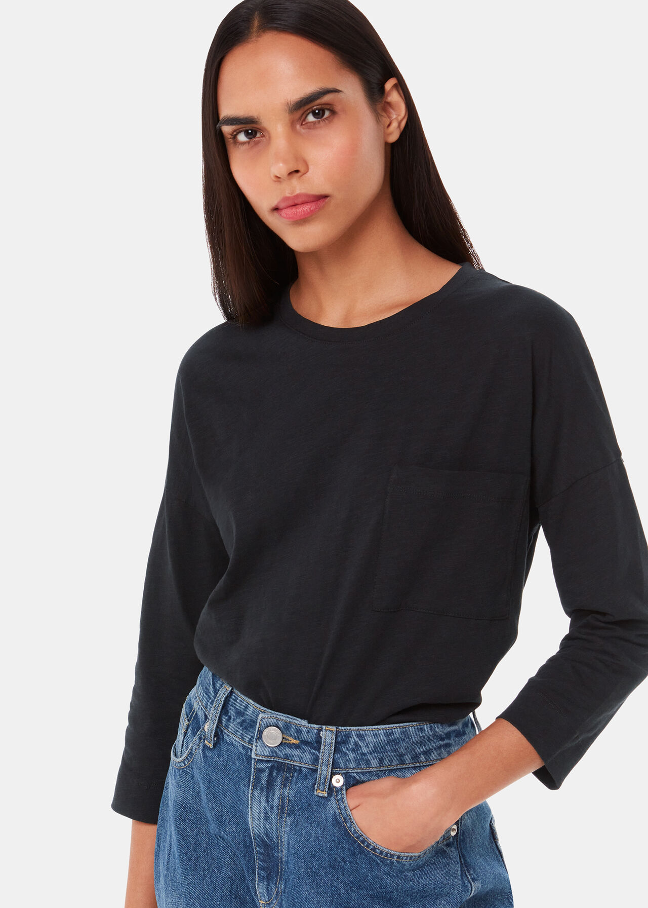 Black Long-Sleeve Top with Pocket | 100% Cotton | Whistles | Whistles UK