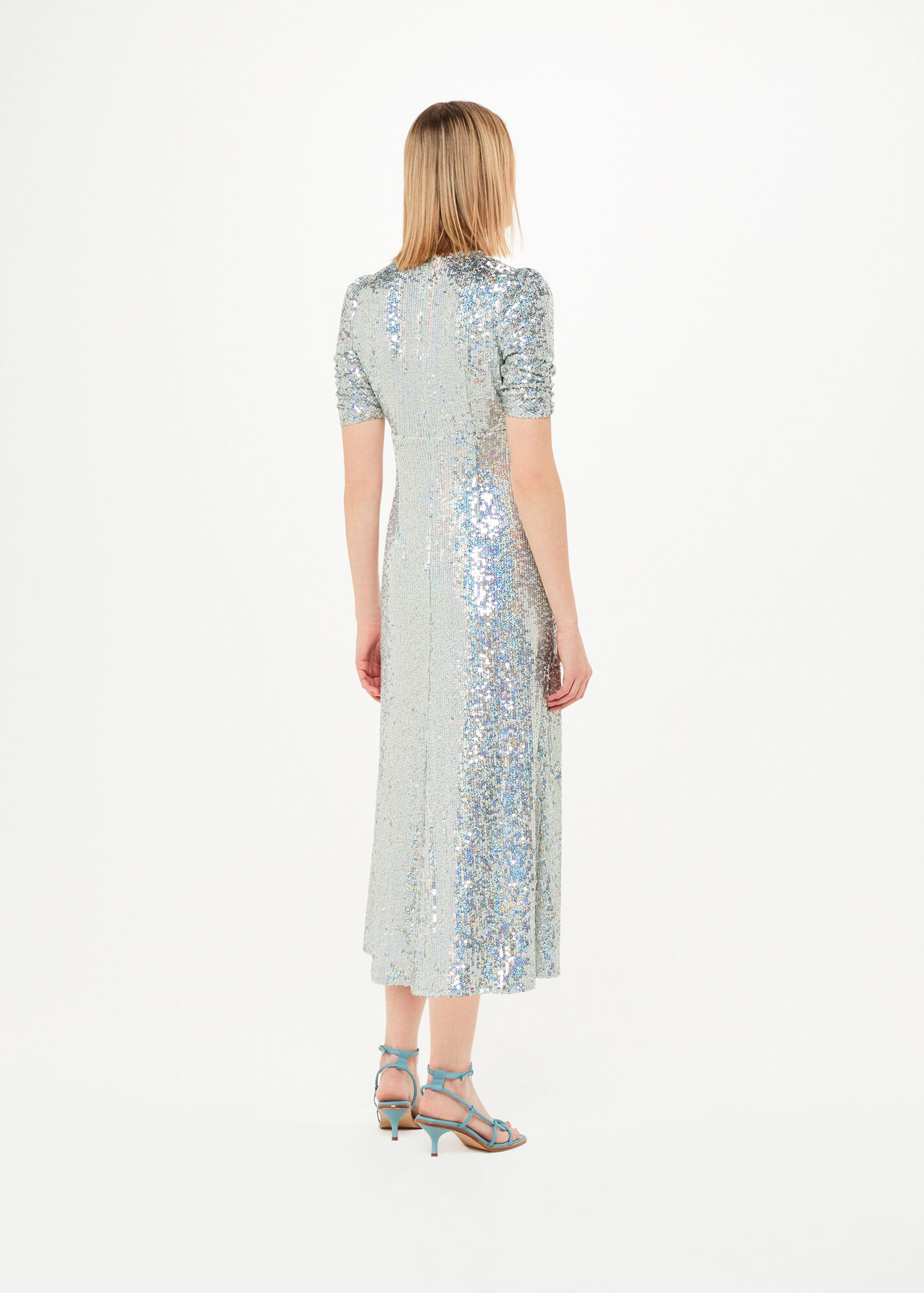 Silver Sequin V Neck Midi Dress With Puff Sleeves Whistles Whistles