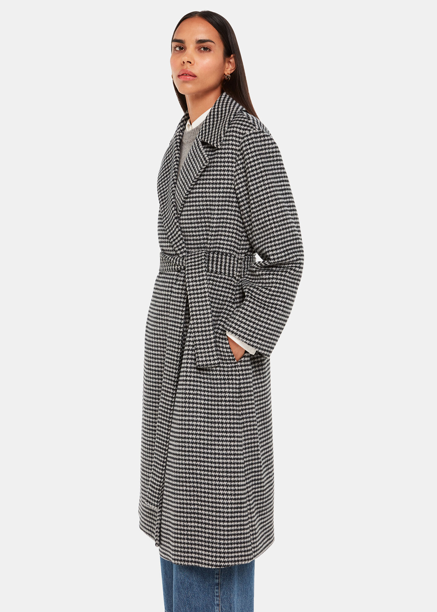 Black & White Houndstooth Belted Wrap Coat | Whistles | Whistles UK