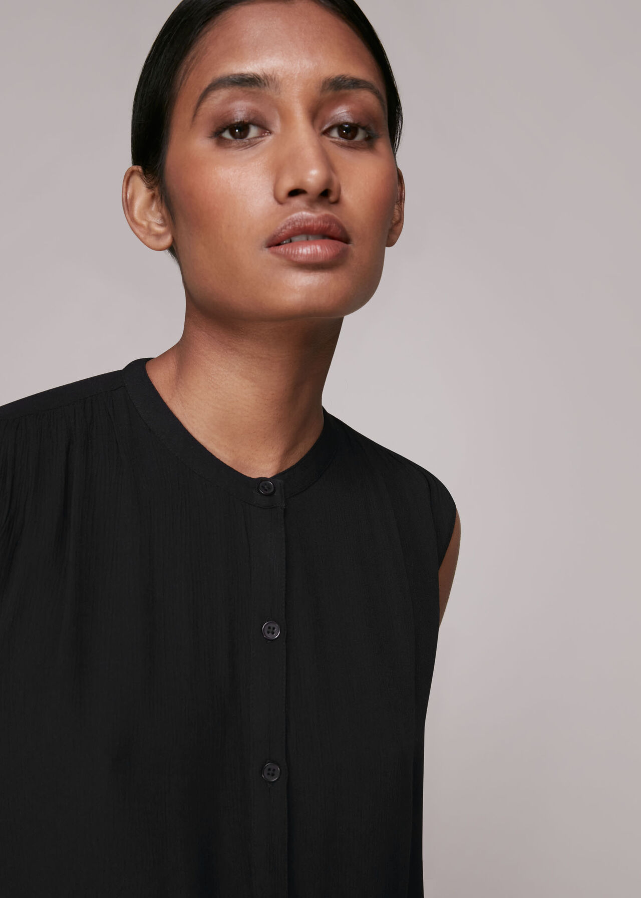 Black Crinkle Button Front Tank Top | WHISTLES | Whistles US