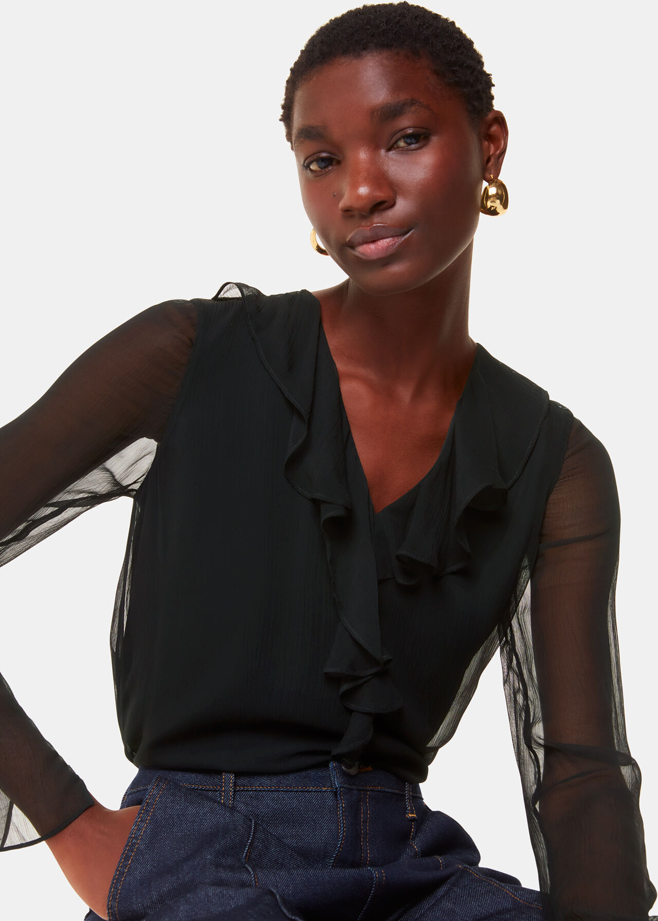 Black Ruffle Collar Detail Blouse | WHISTLES | Whistles UK