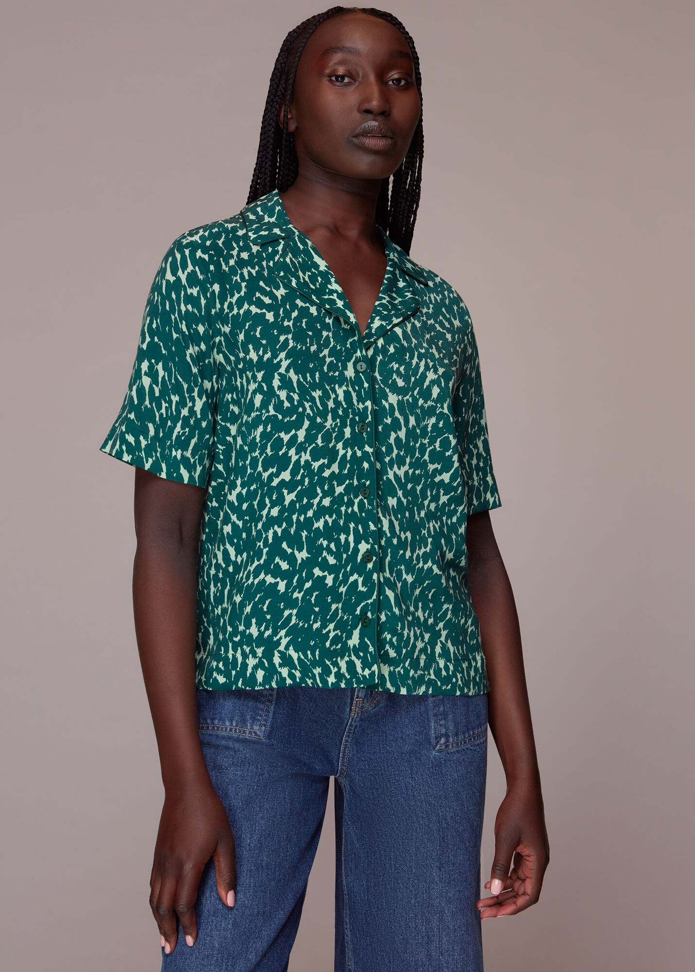 Green/Multi Sahara Cat Alena Pyjama Shirt | WHISTLES | Whistles UK