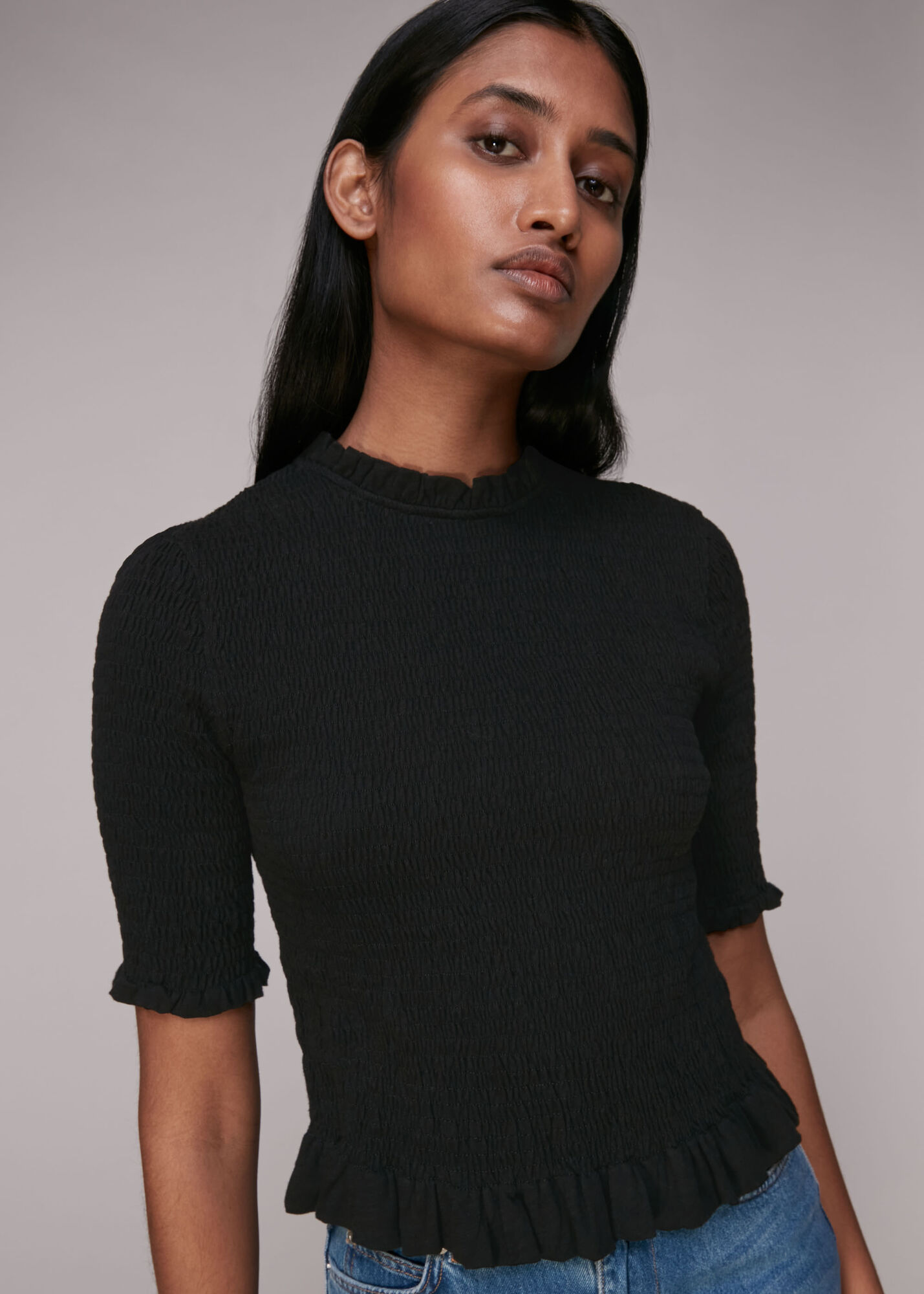 Black Short Sleeve Shirred Top | WHISTLES | Whistles UK