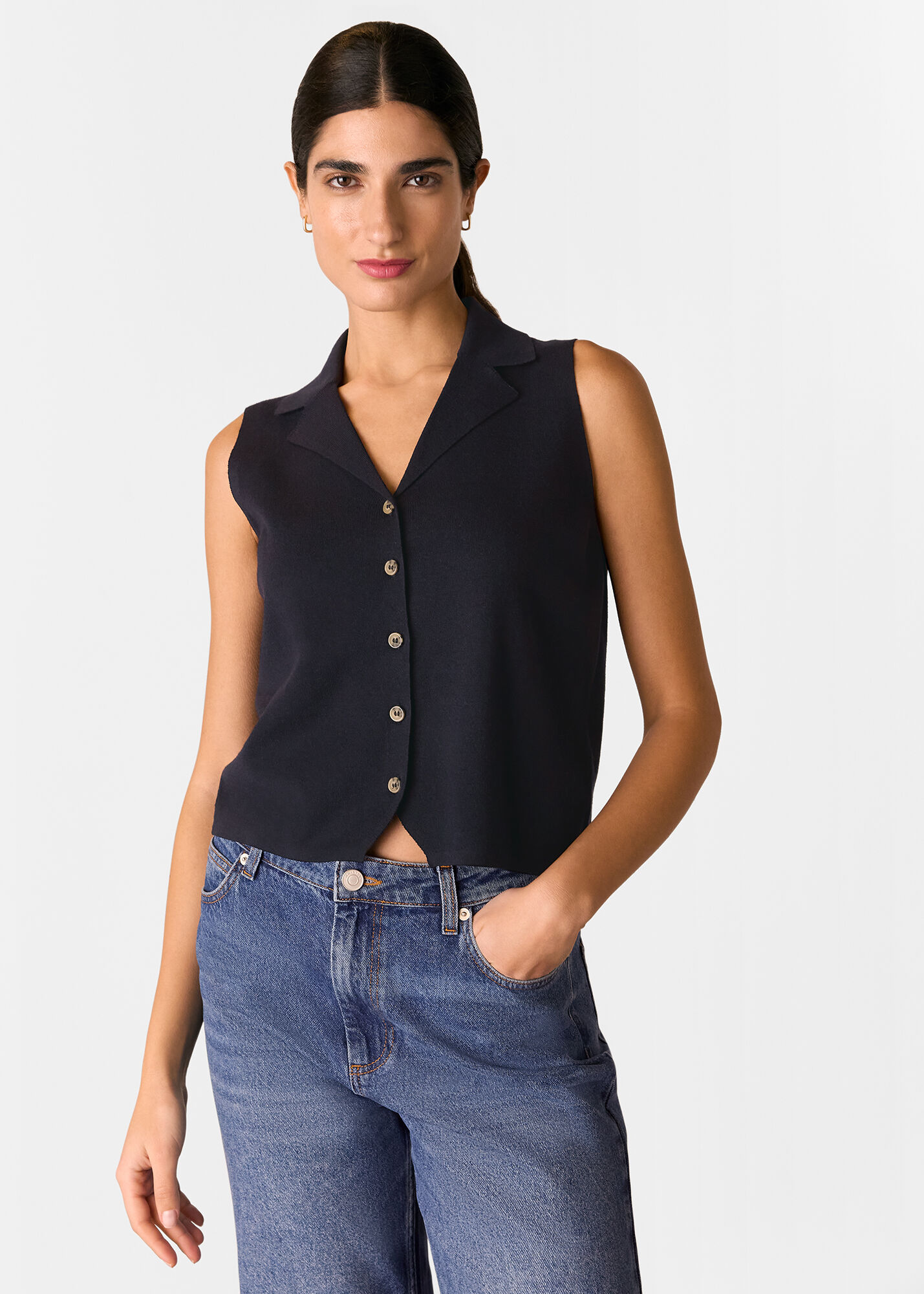 Navy Maisie Button Front Tank | WHISTLES | Whistles UK