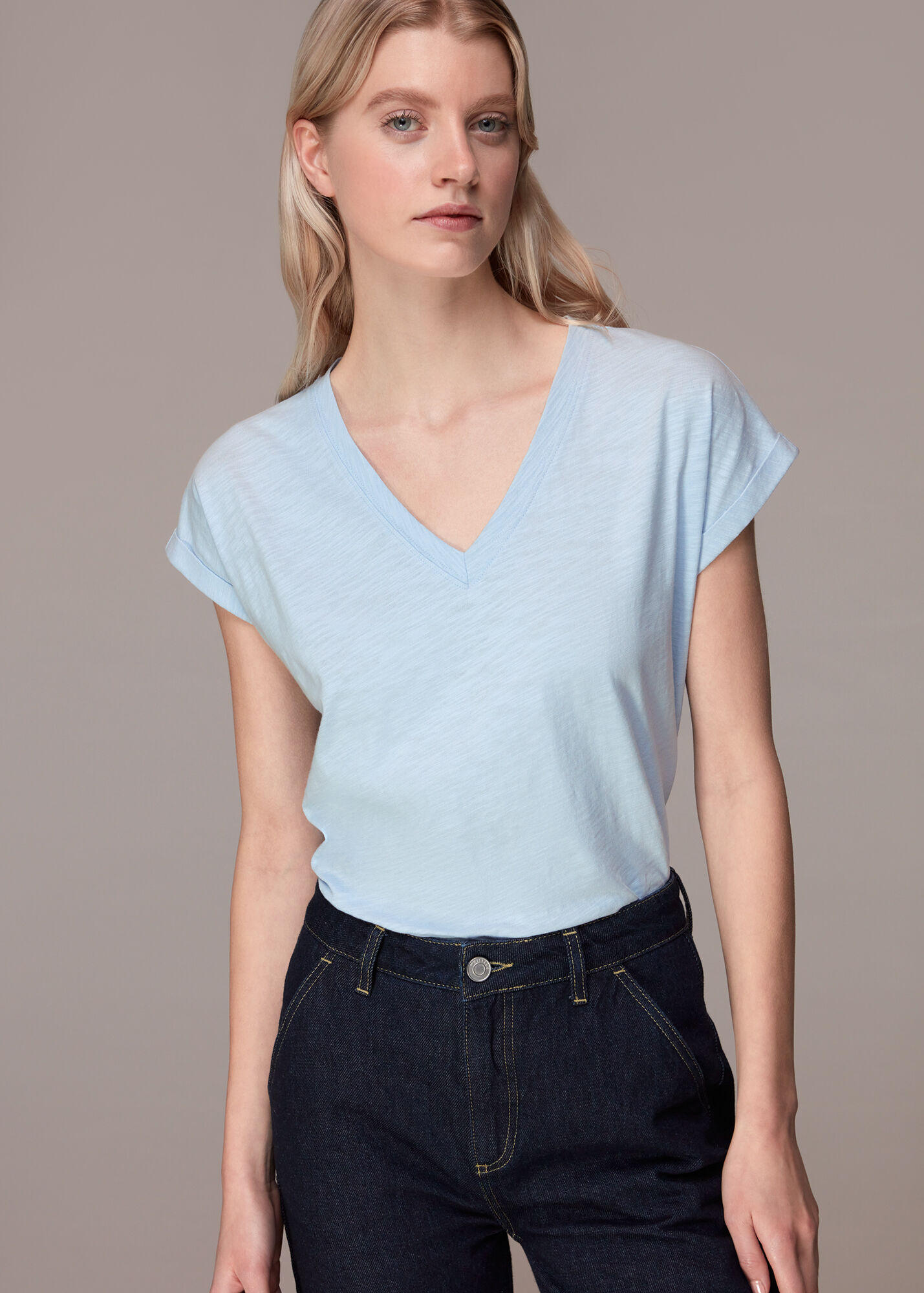 Pale Blue Willa V Neck Cap Sleeve Tee | WHISTLES | Whistles UK