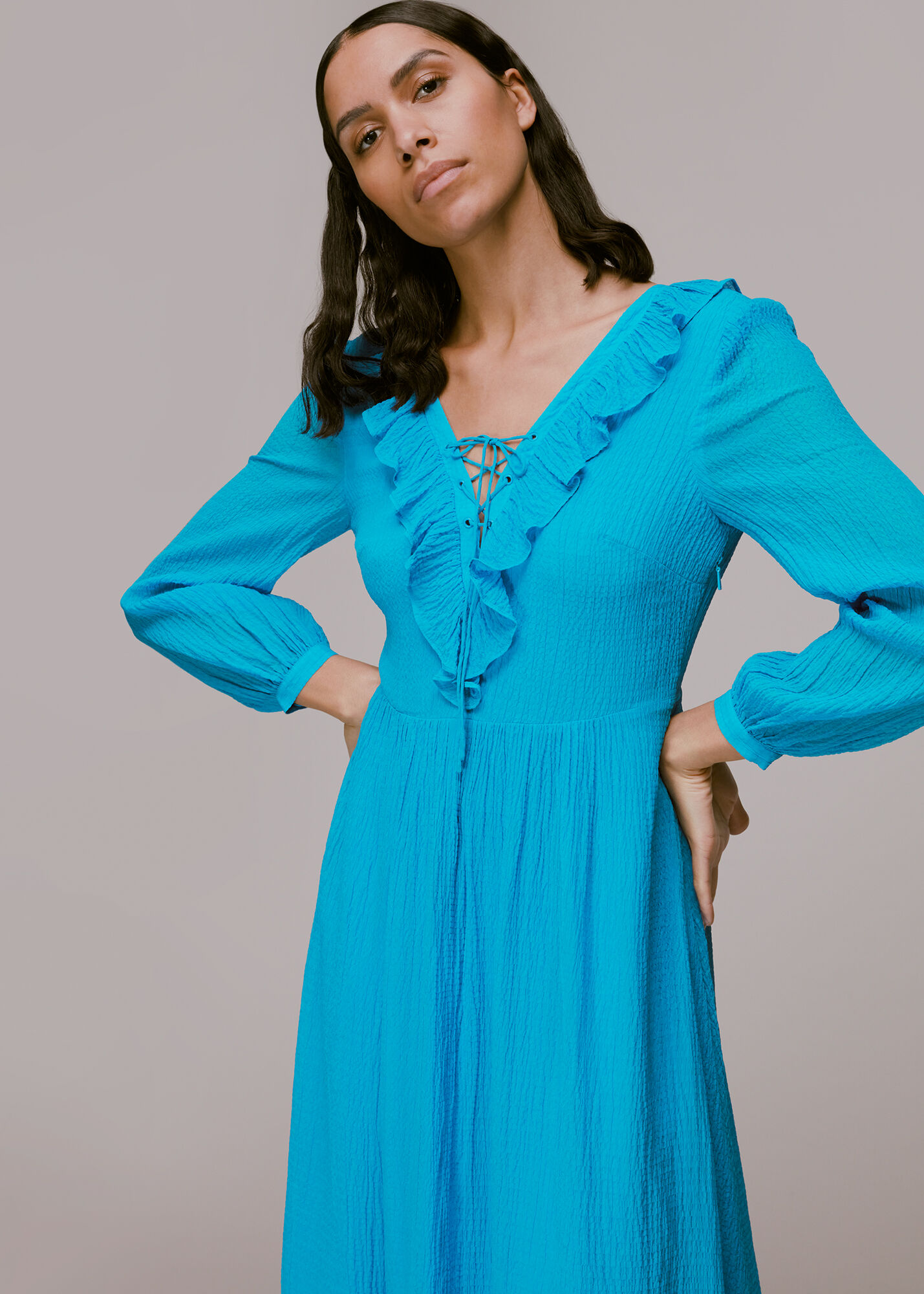 Blue Ruffle Detail Midi Dress | WHISTLES | Whistles UK