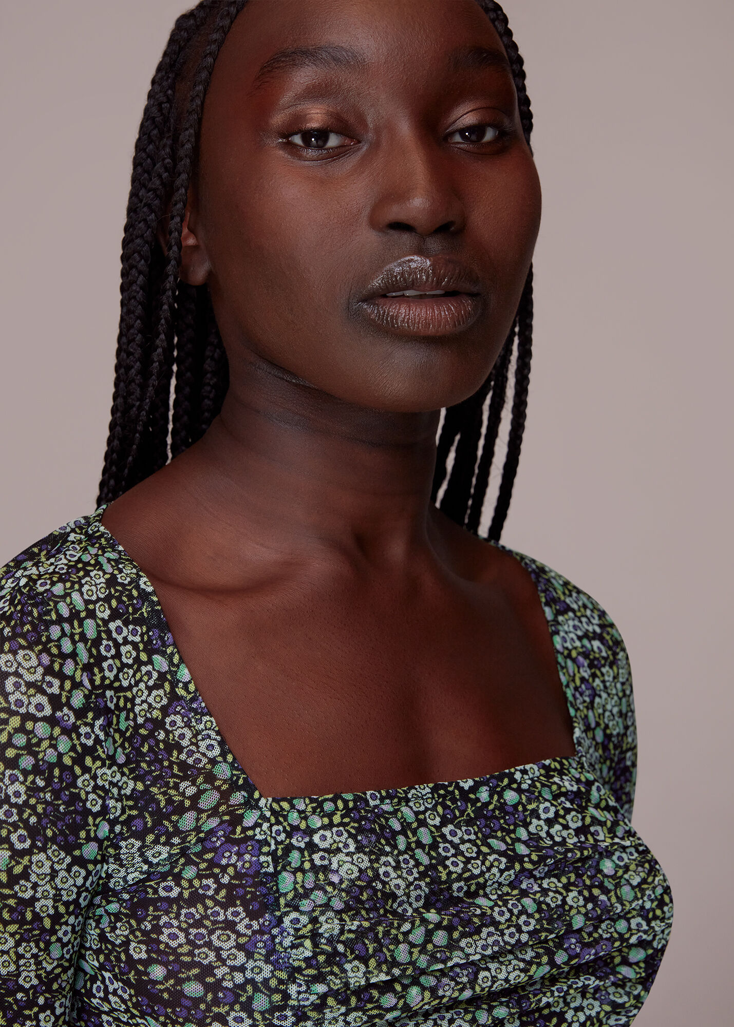 Green/Multi Mesh Square Neck Gathered Top | WHISTLES | Whistles UK