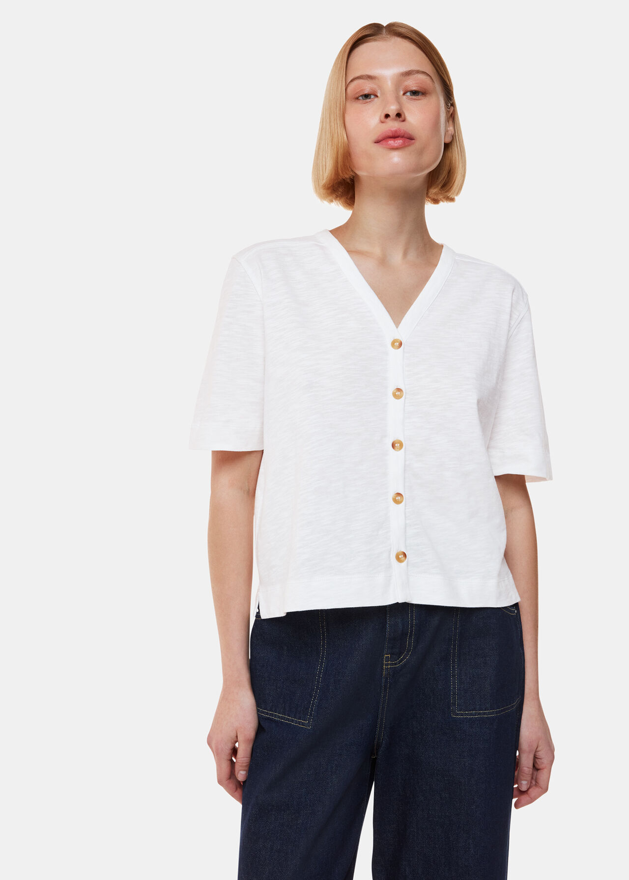 White Ella V Neck Button Through Tee | WHISTLES | Whistles UK