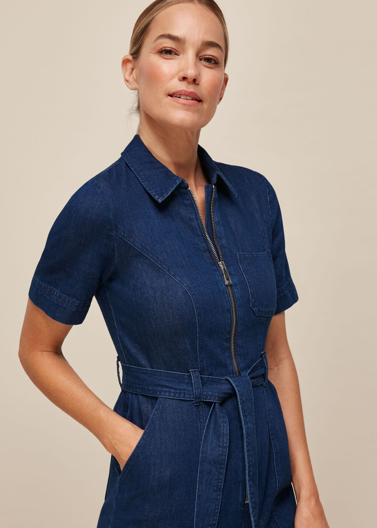 Denim Tie Waist Denim Jumpsuit | WHISTLES Denim Tie Waist Denim Jumpsuit | WHISTLES