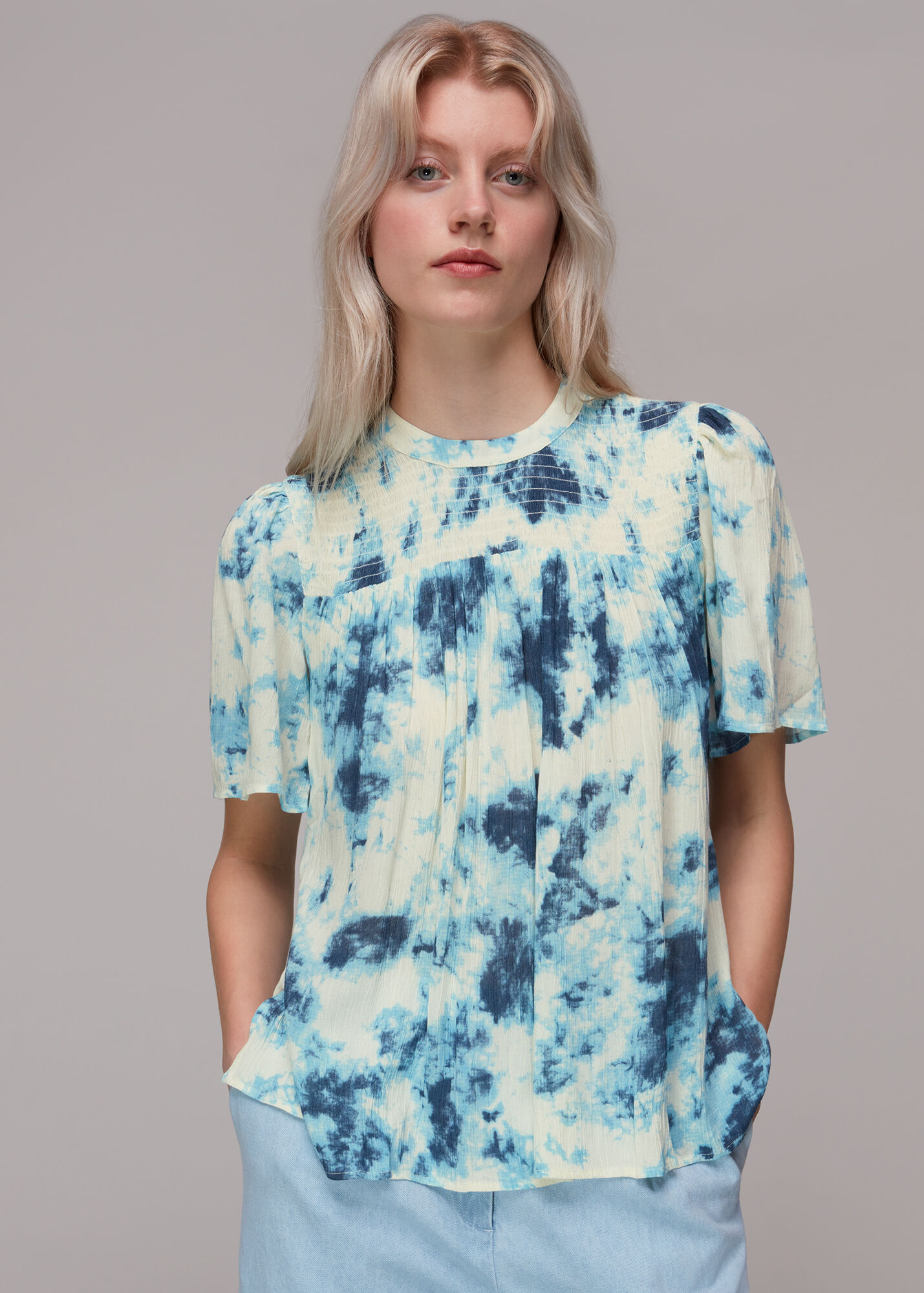 Blue/Multi Tie Dye Textured Blouse | WHISTLES | Whistles UK