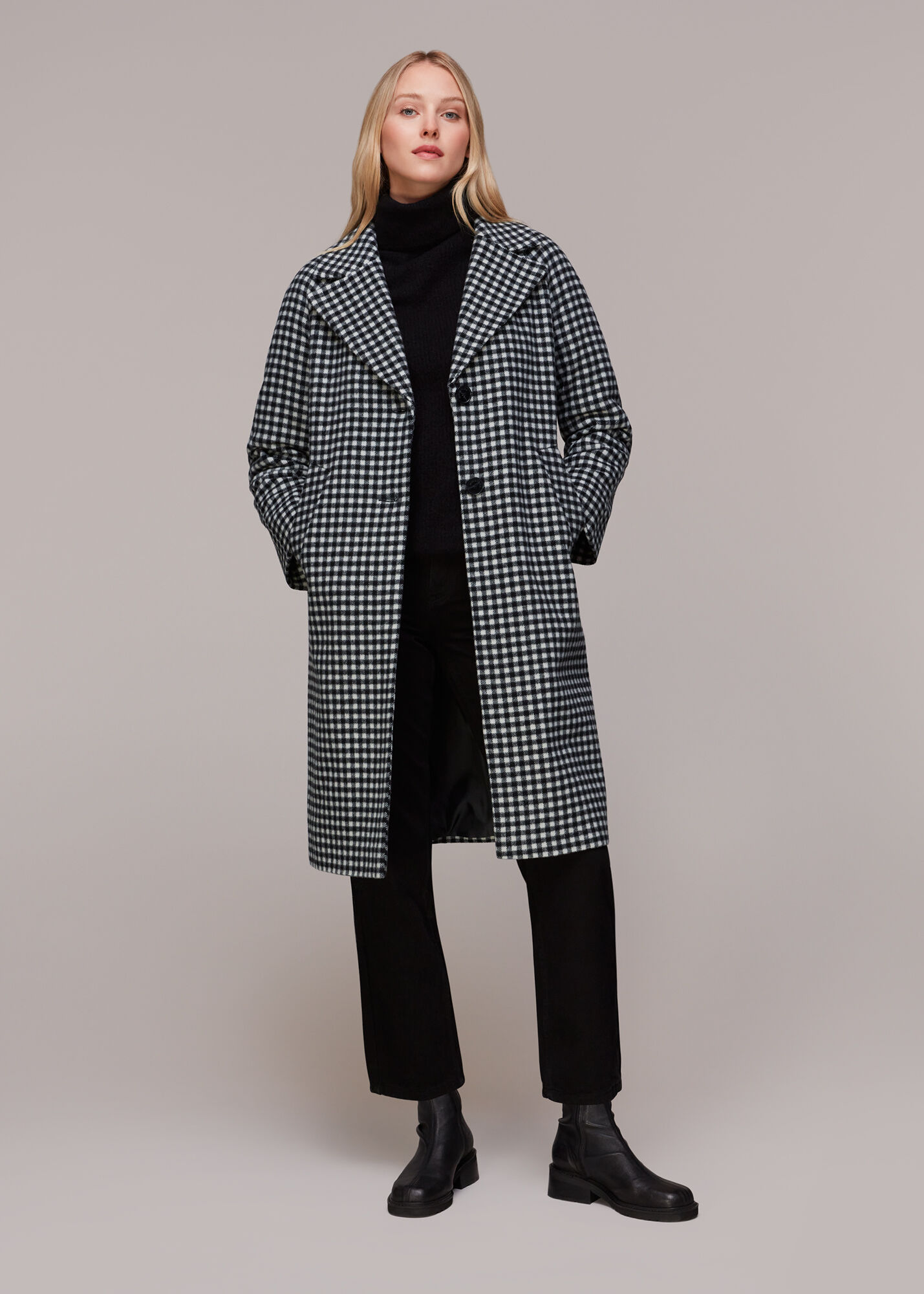 Black/Multi Gingham Wool Blend Cocoon Coat | WHISTLES | Whistles UK